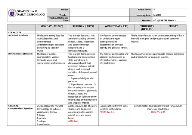 MAPEH 5_DLL_WEEK 3_Q4.docx Kahalagahan ng musika sa pamumuhay ng mga ...