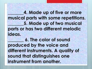 MAPEH 6 MUSIC PPT Q4 - Timbre: the tone color of music | PPTX
