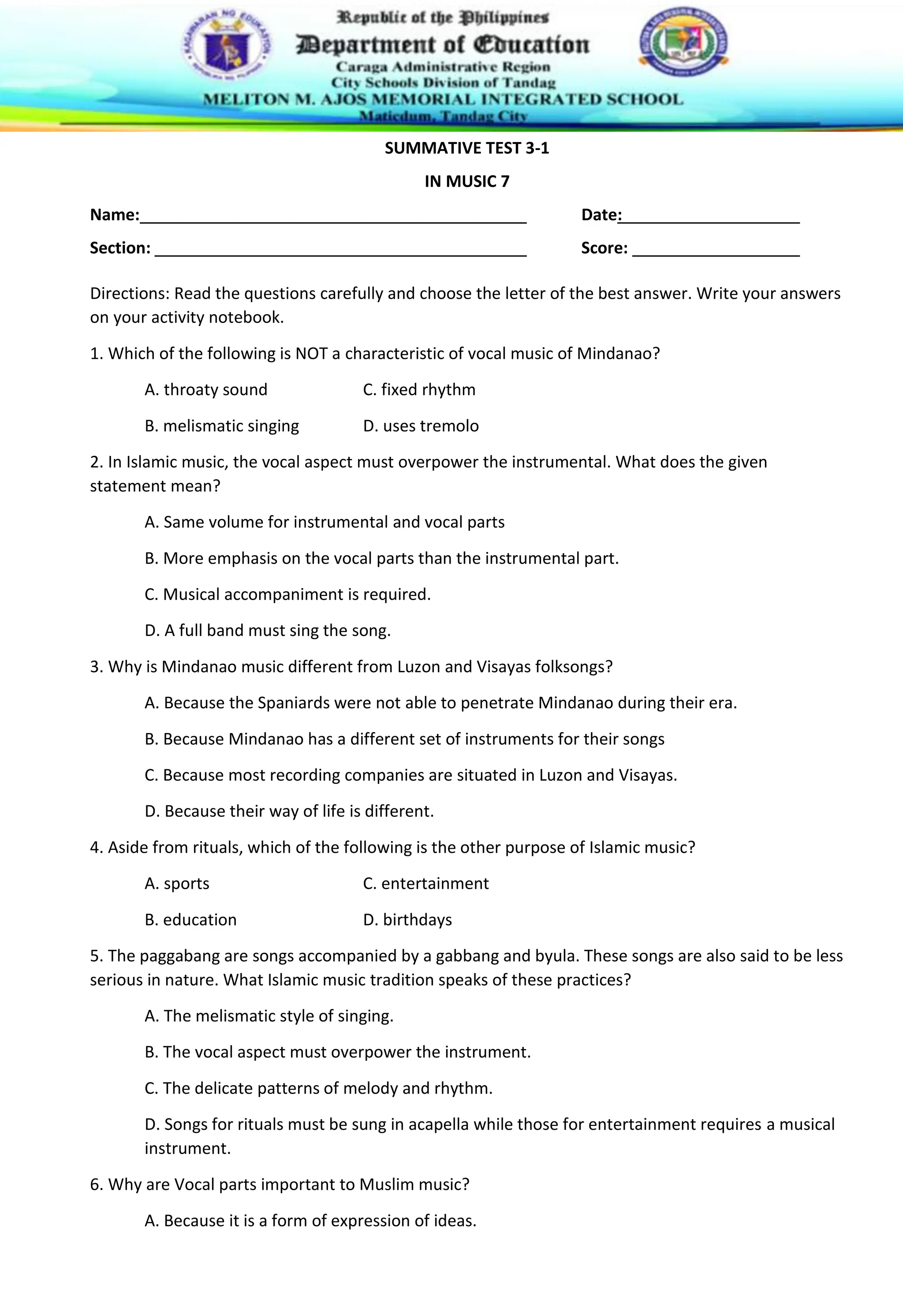 MAPEH 7-3RD QUARTER EXAMINATION 2023-2024 | PDF