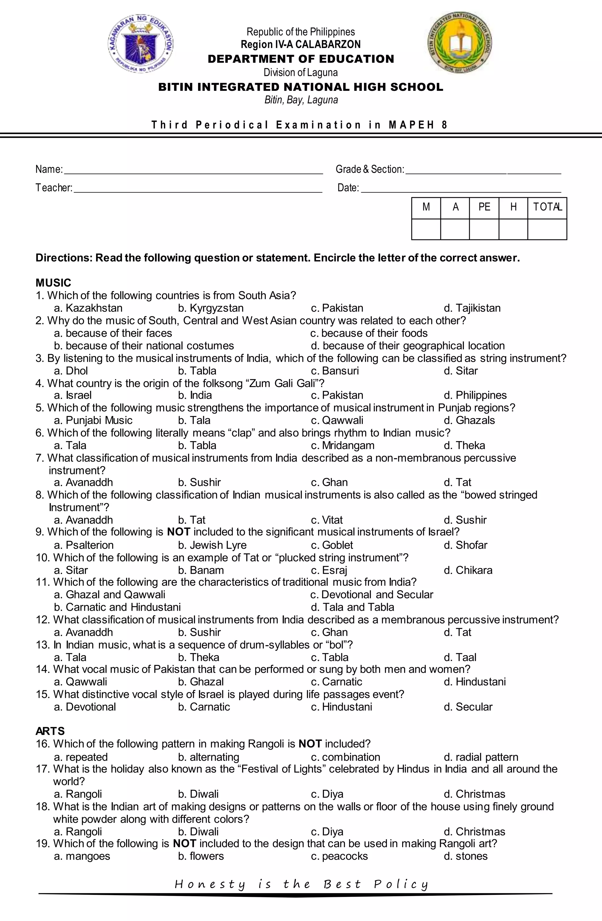 Mapeh 8 third (3rd) grading exam | DOCX