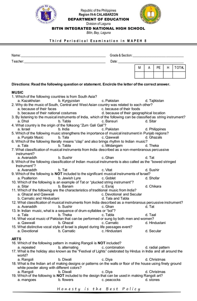 Mapeh 8 third (3rd) grading exam | DOCX