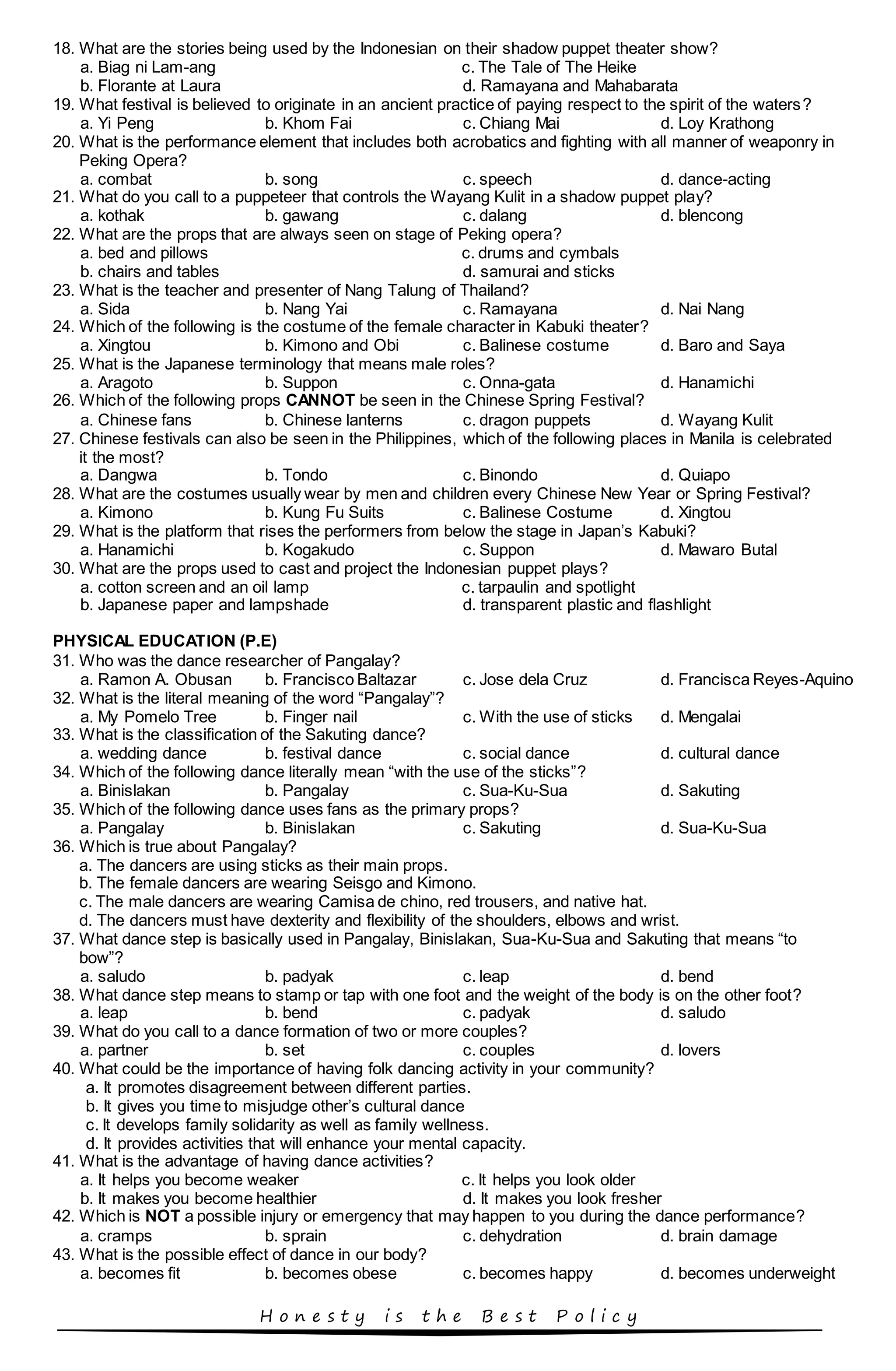 Mapeh 8 4th grading exam | DOCX