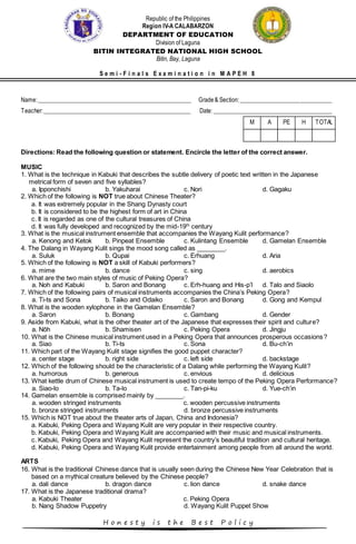 Mapeh 8 4th grading exam | DOCX