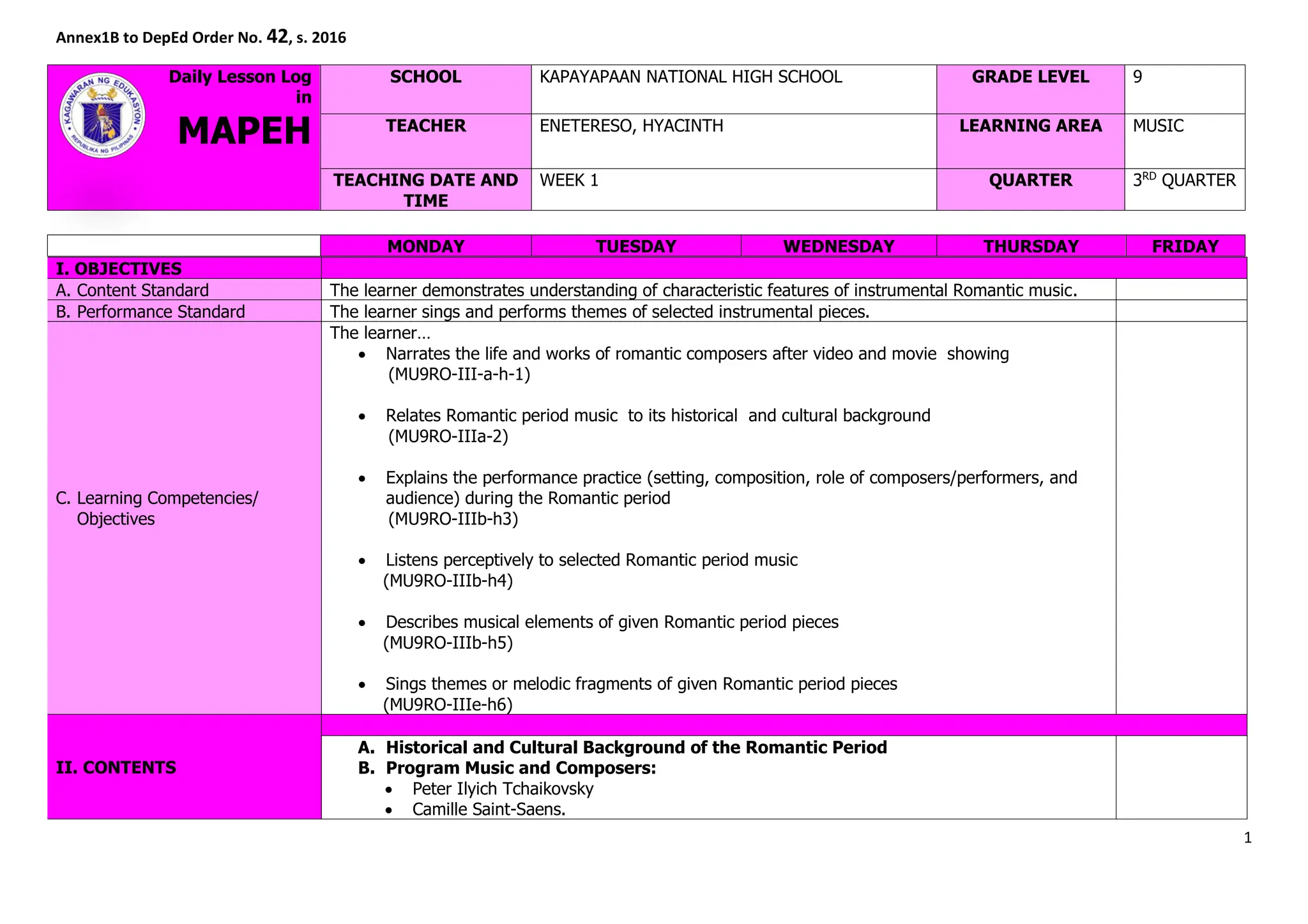 MAPEH GRADE 9 DLL (1).pdf mapeh 9 mapeh 9 | PDF