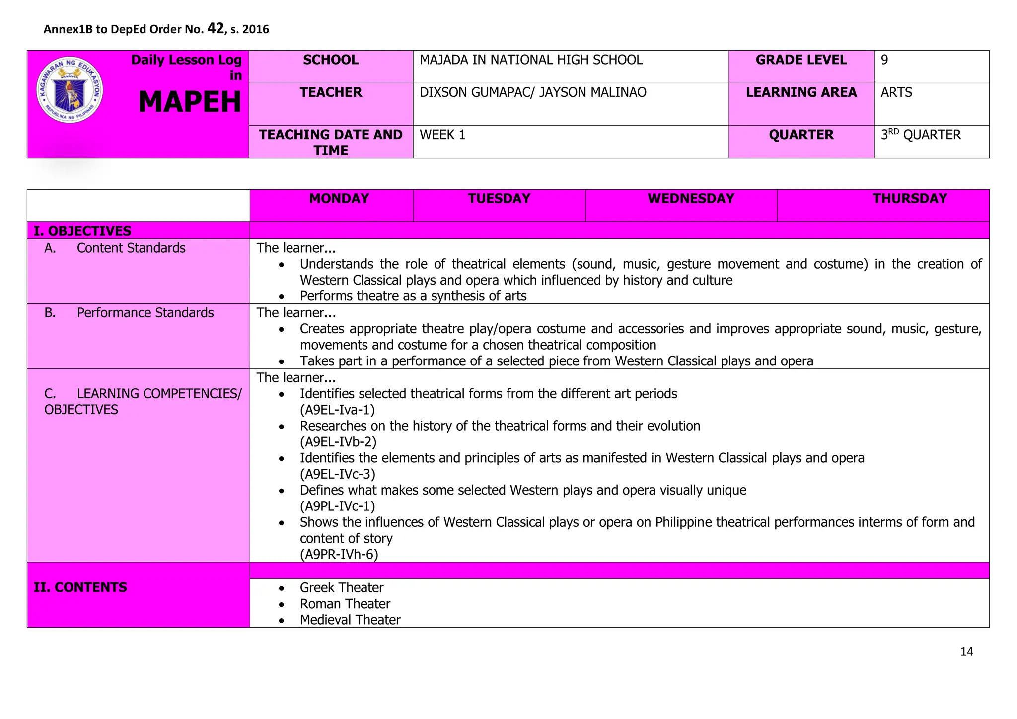 MAPEH GRADE 9 DLL (1).pdf mapeh 9 mapeh 9 | PDF