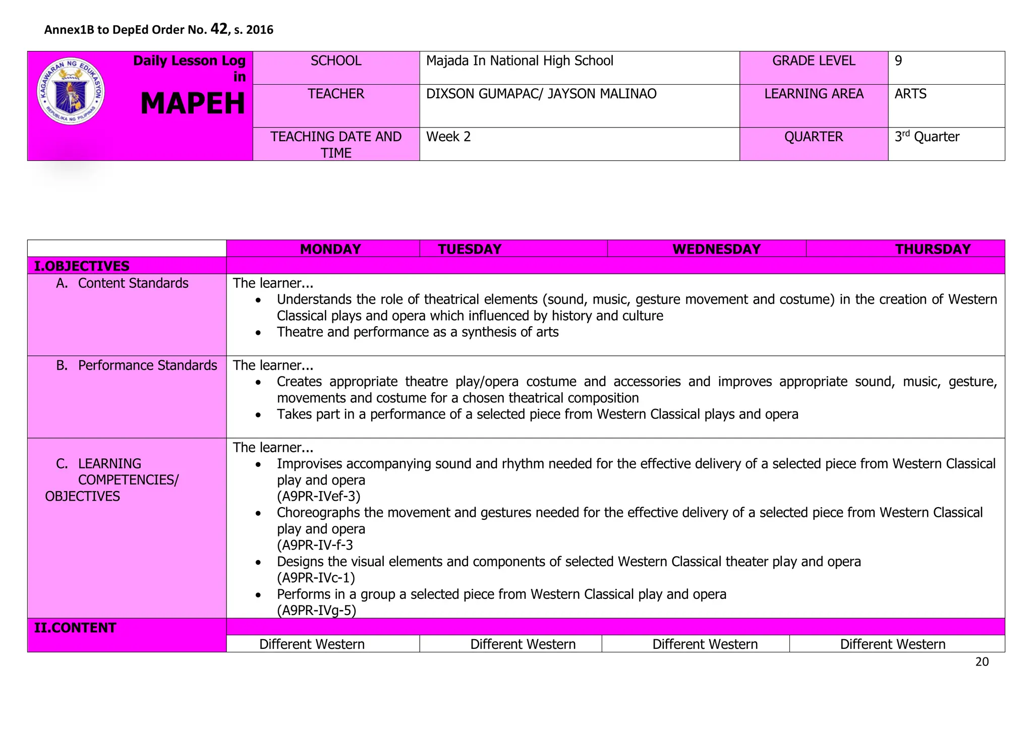 MAPEH GRADE 9 DLL (1).pdf mapeh 9 mapeh 9 | PDF