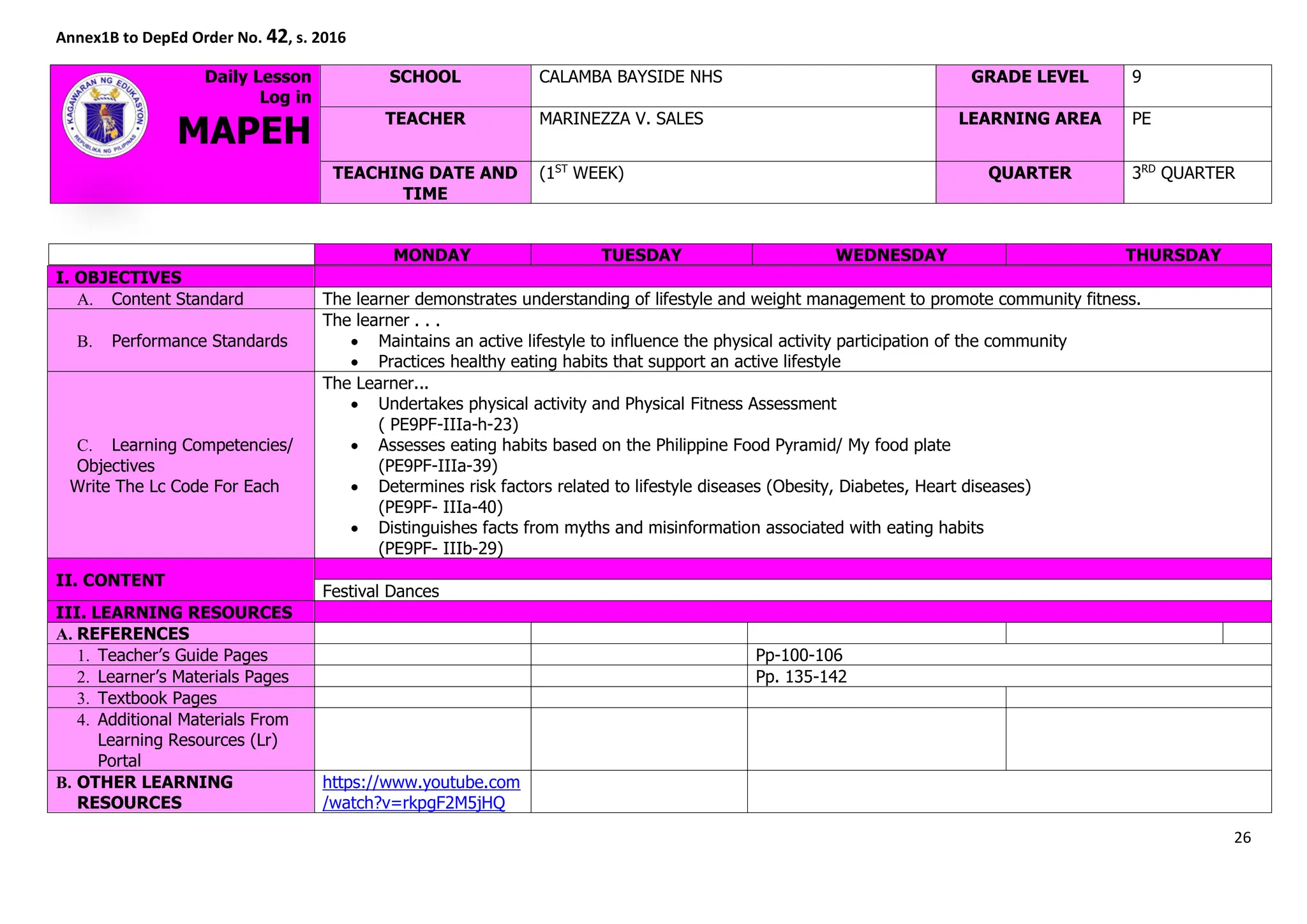 MAPEH GRADE 9 DLL (1).pdf mapeh 9 mapeh 9 | PDF
