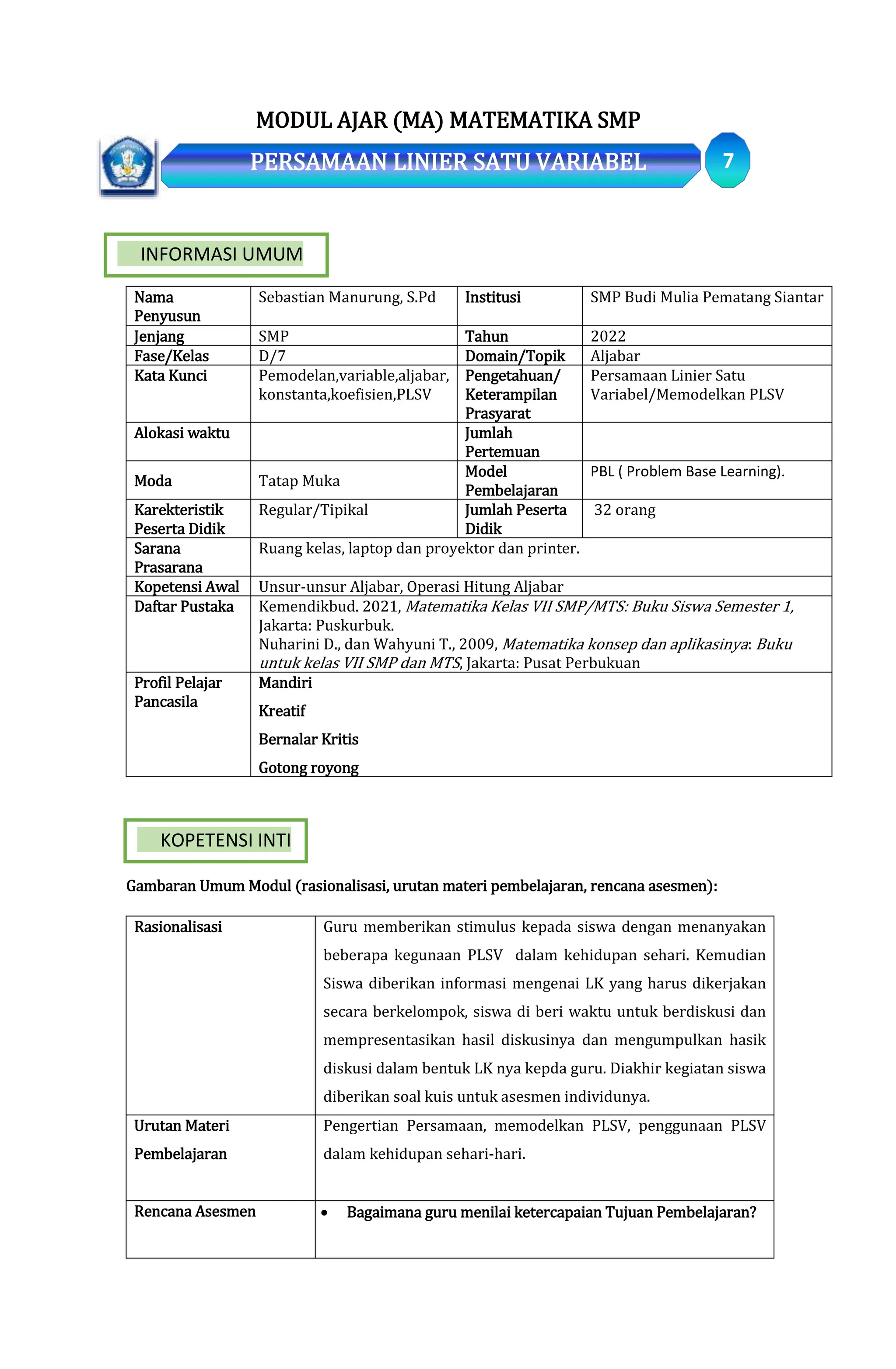 modul ajar matematika7 kurikulum merdeka | DOCX