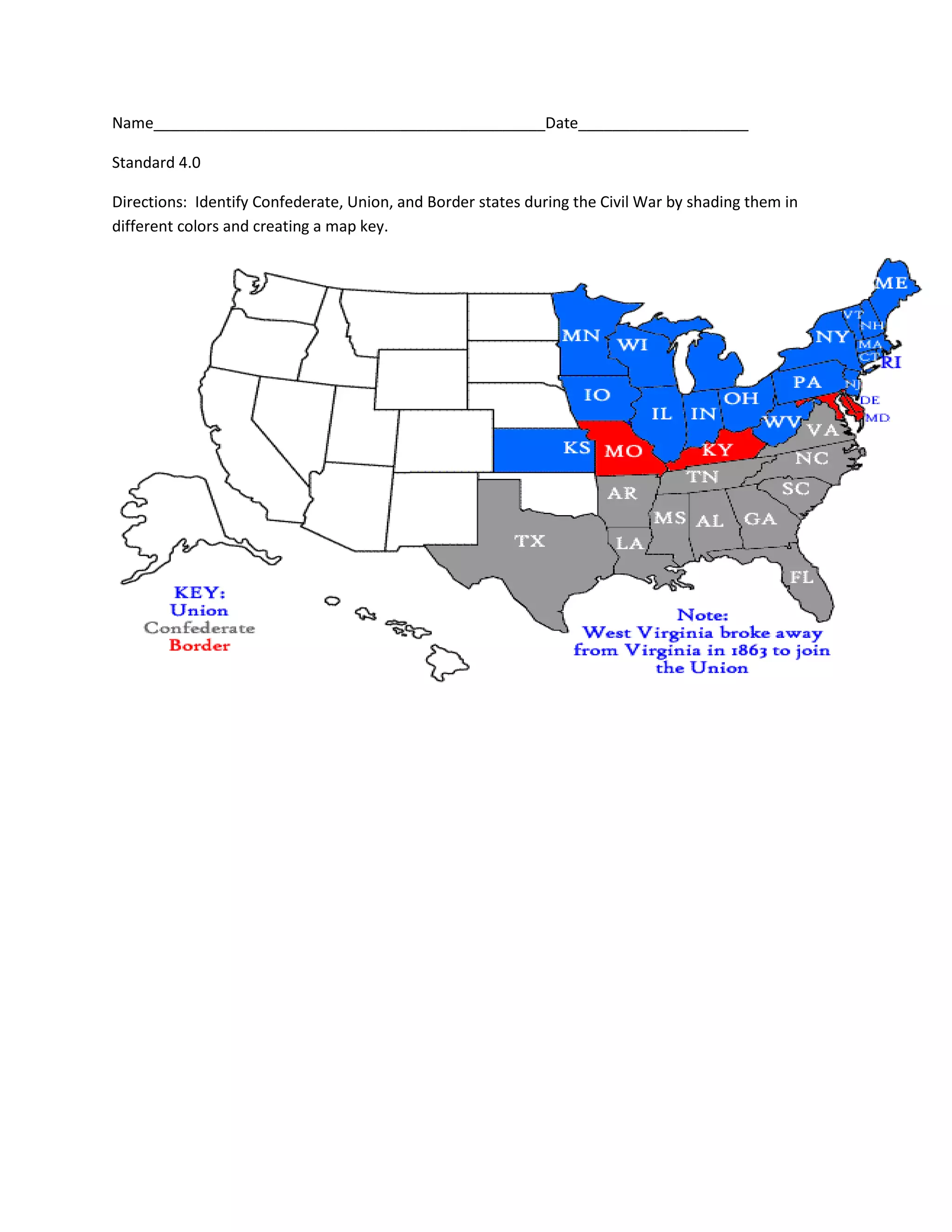 Map of confederate union and border states | DOCX