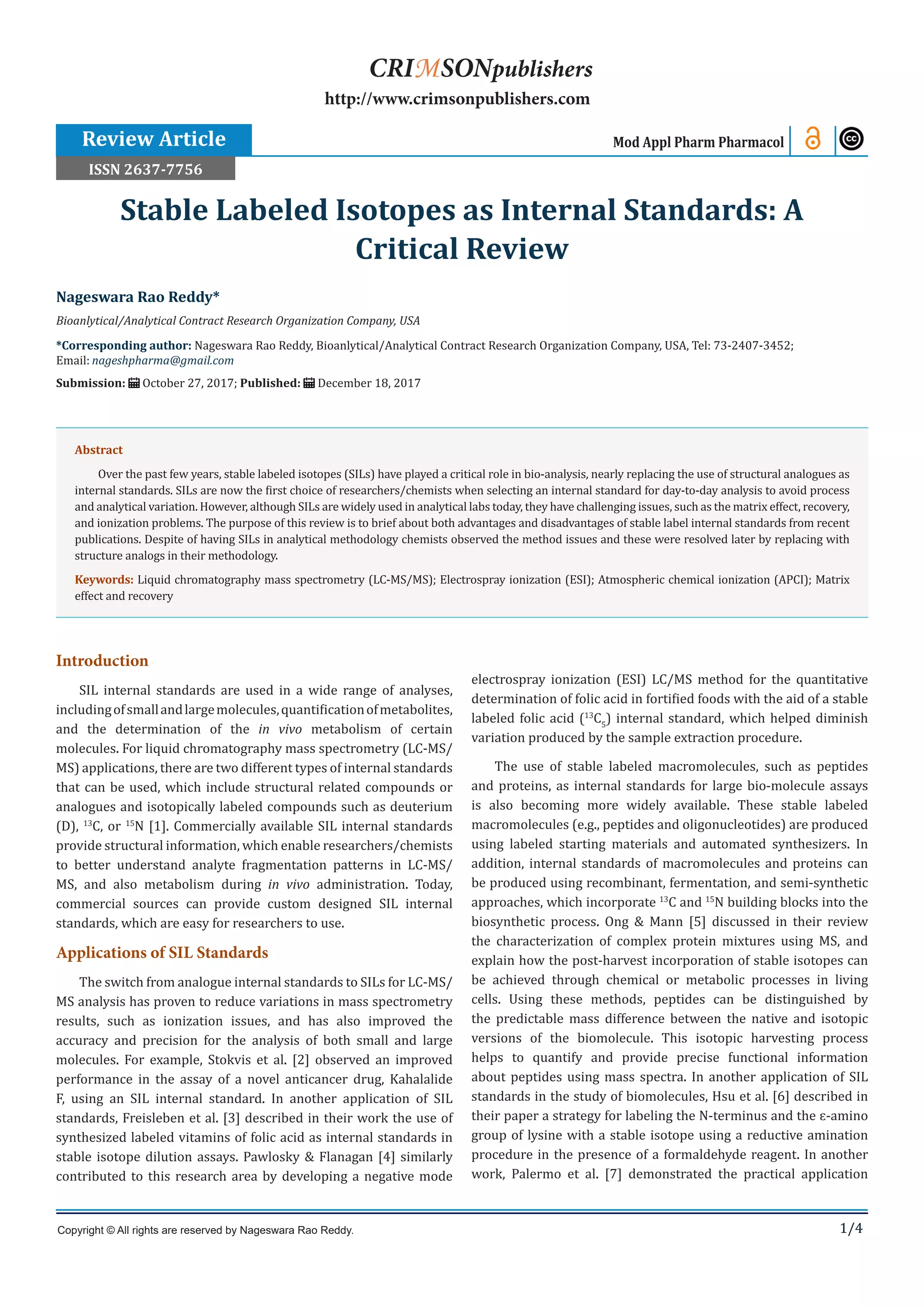 Crimson Publishers-Stable Labeled Isotopes as Internal Standards: A Critical Review | PDF