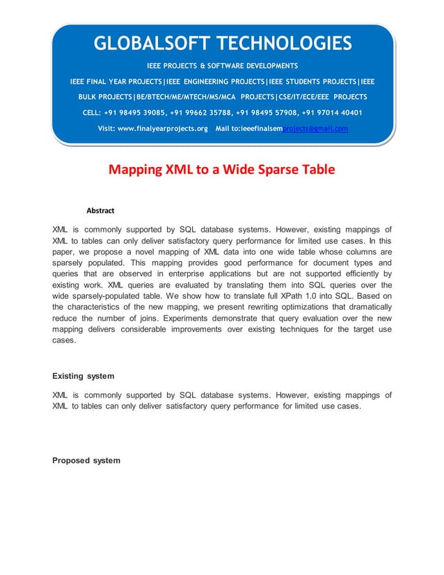 IEEE 2014 JAVA DATA MINING PROJECTS Mapping xml to a wide sparse table | PDF