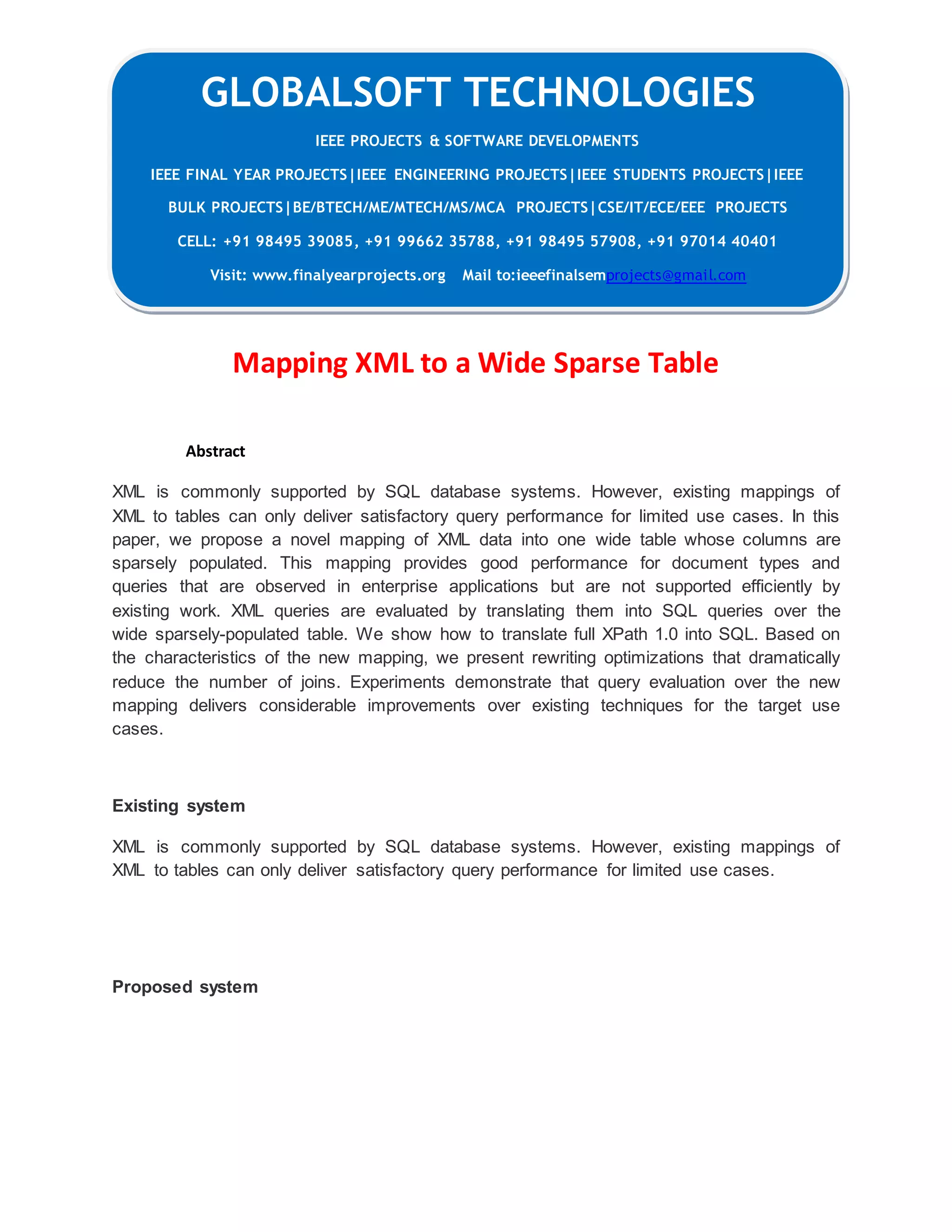 2014 IEEE JAVA DATA MINING PROJECT Mapping xml to a wide sparse table | PDF