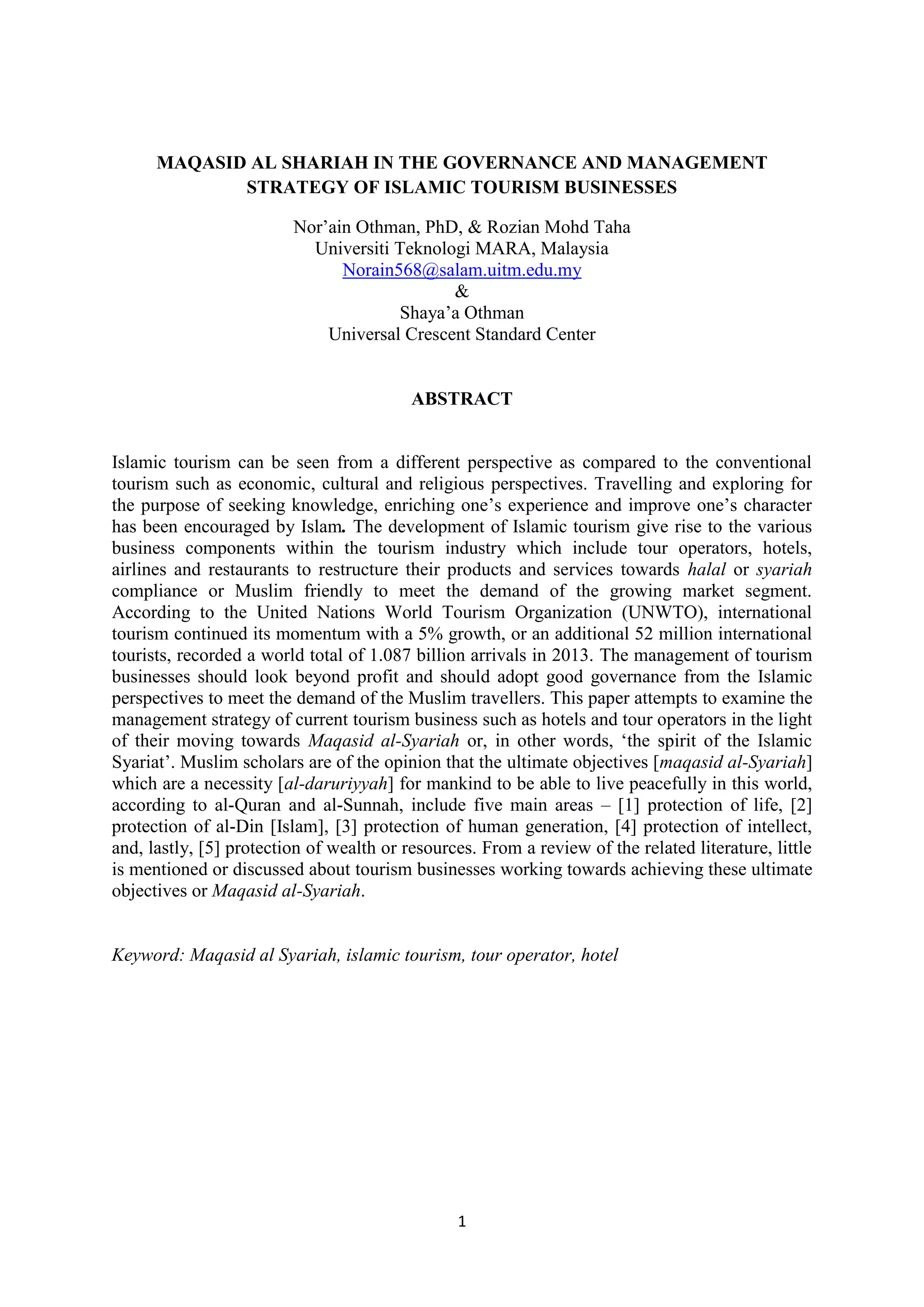 Maqasid Al Shariah in Management Strategy of islamic Tourism | PDF