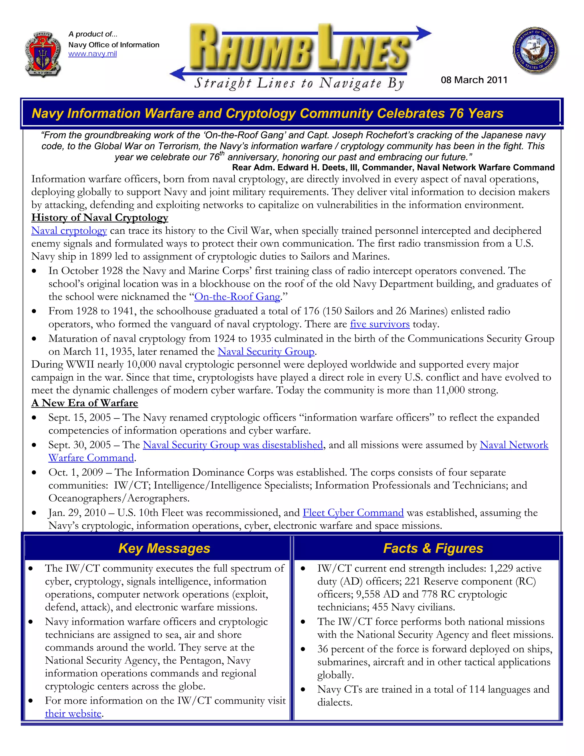 Mar 8 navy information warfare and cryptology community celebrates 76 ...