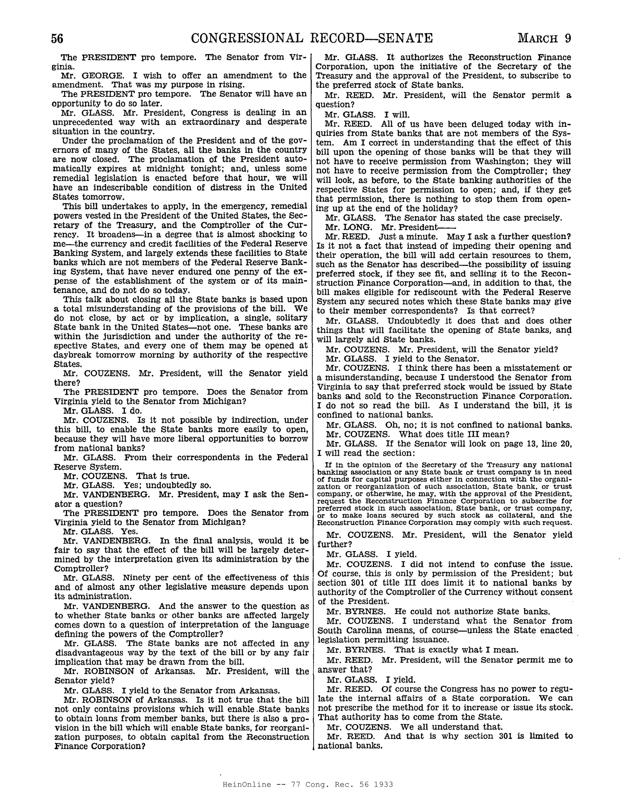 Mar 9, 1933 Congressional Record h.r. 1491 bottom pg 75 then McFadden pg 80 | PDF