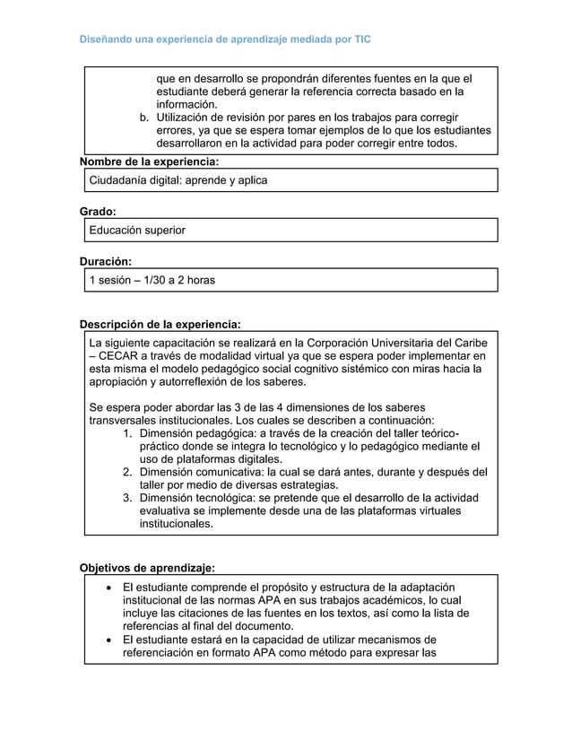 Experiencia de aprendizaje mediada por TIC | PDF
