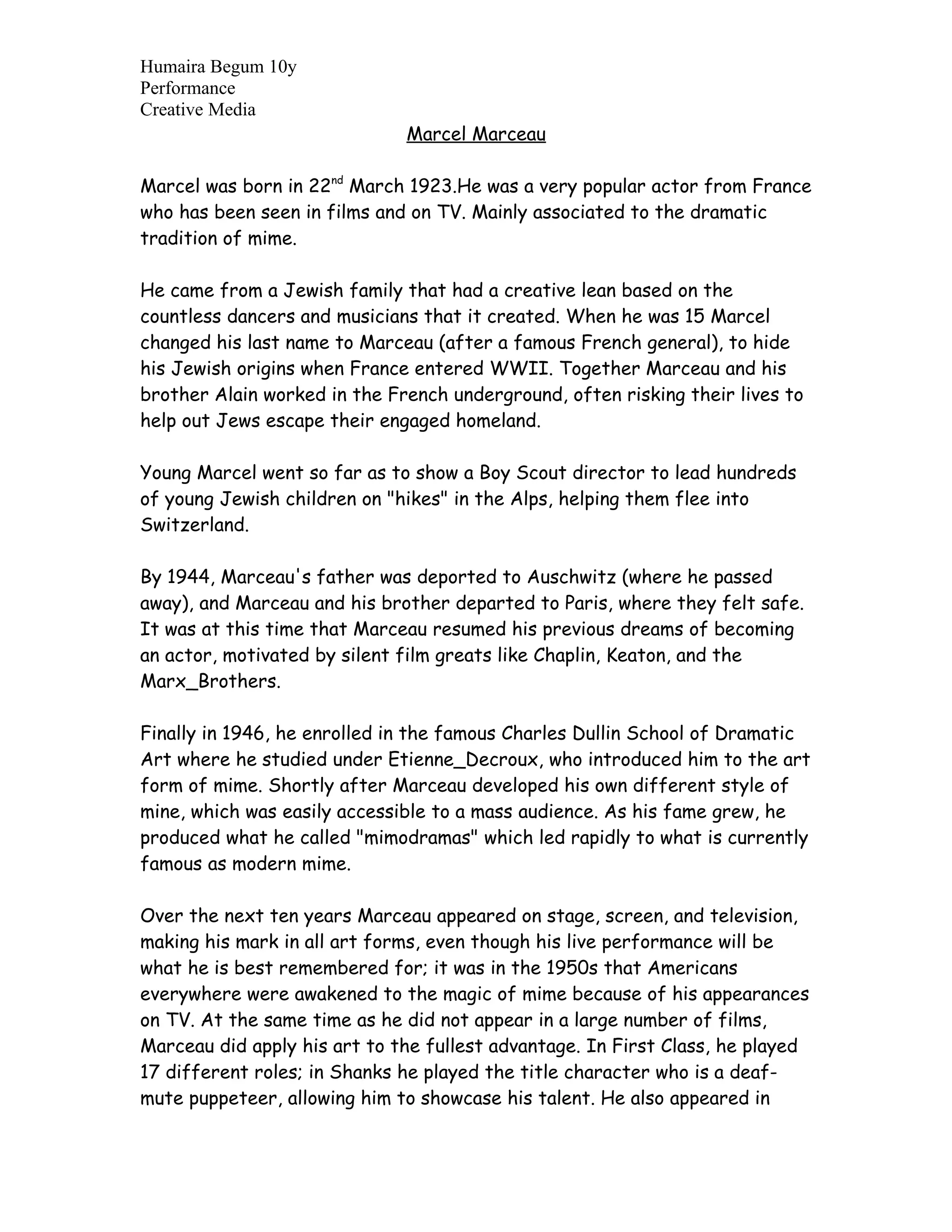 Research on Marcel Marceau | DOC