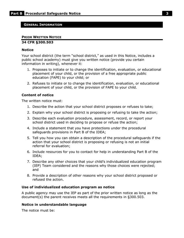 Procedural Safeguards Notice Part B, March 2008 | PDF