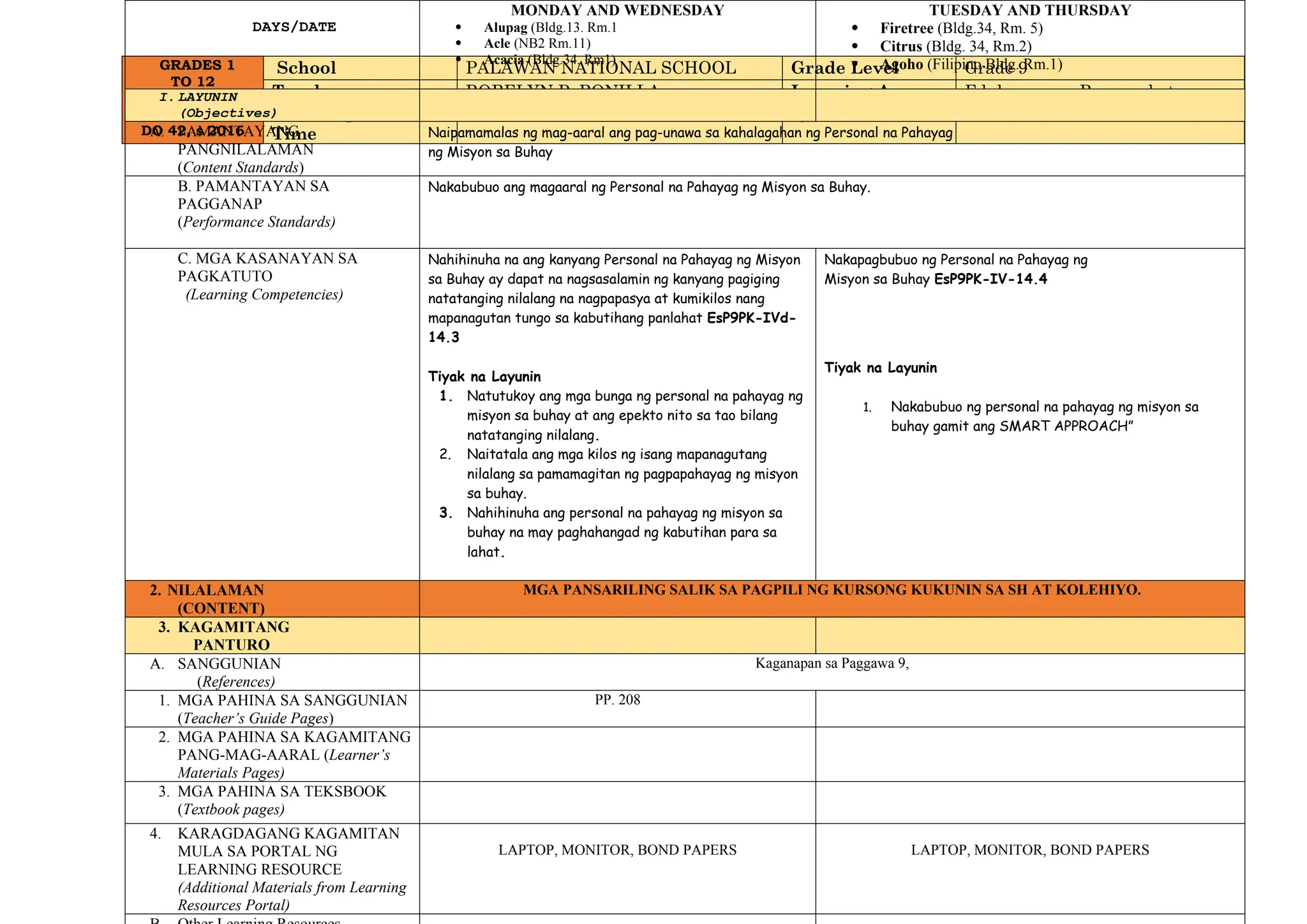 Daily Lesson Log in Edukasyon sa Pagpapakato 9 | DOC