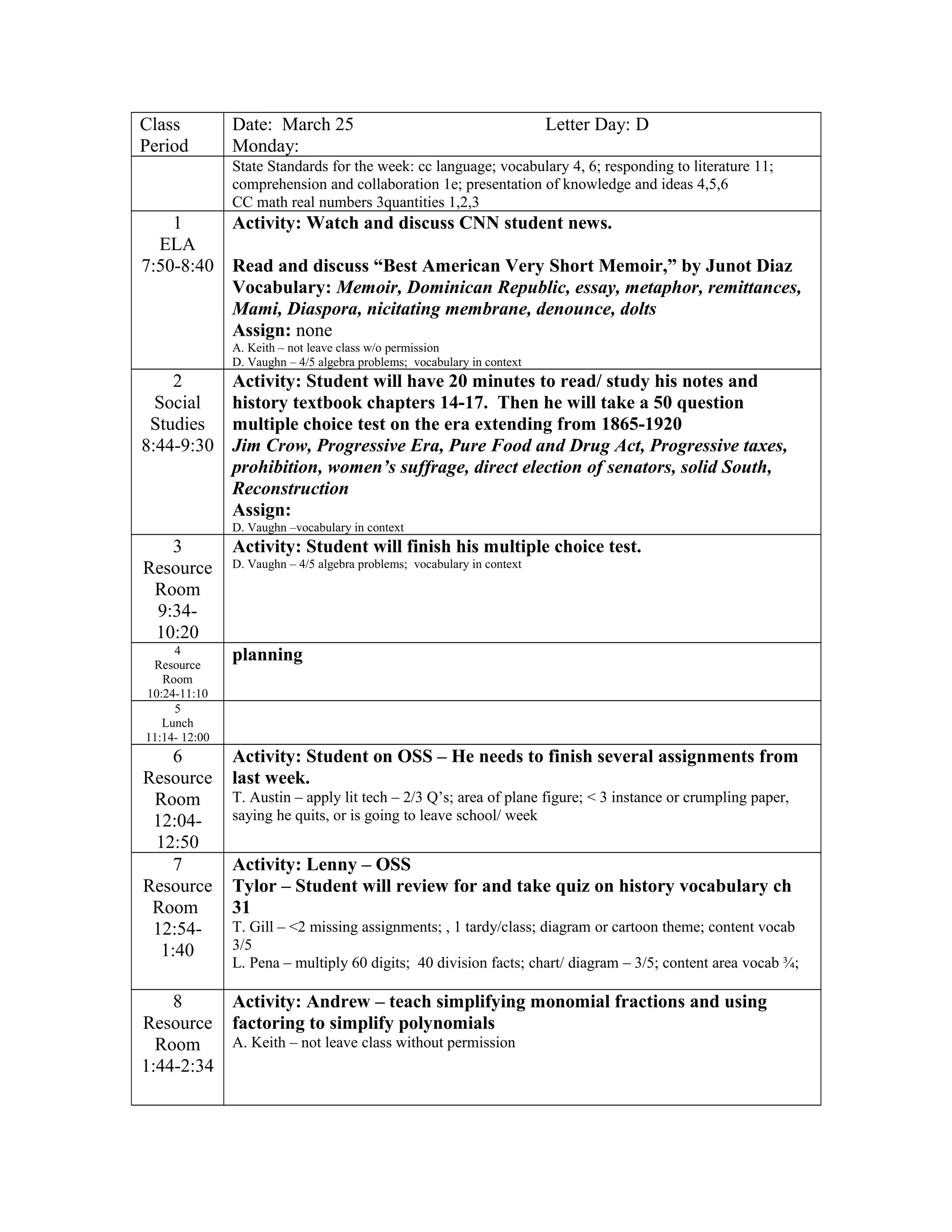 March 25 29 lesson plans | DOC