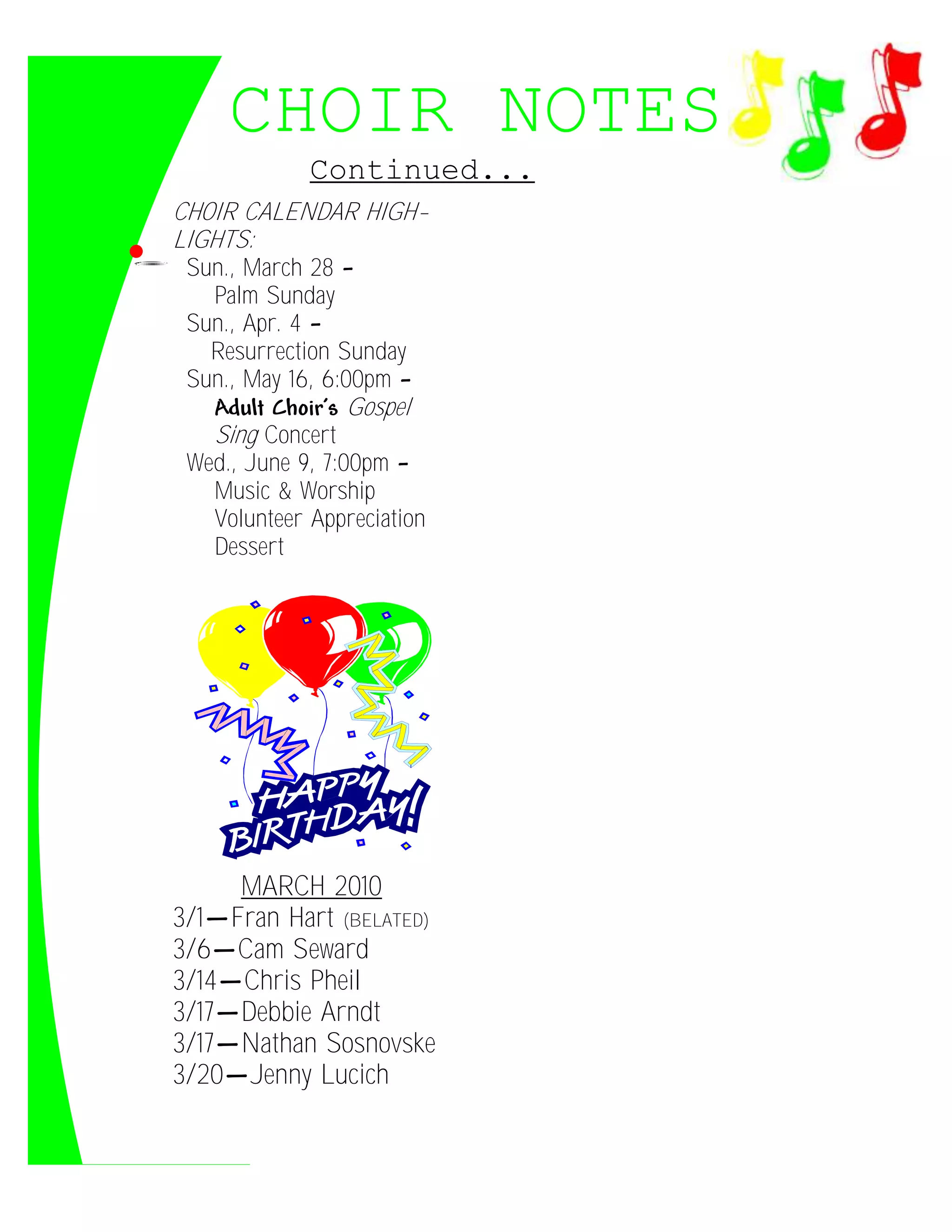 March 3, 2010 Choir Notes | PDF