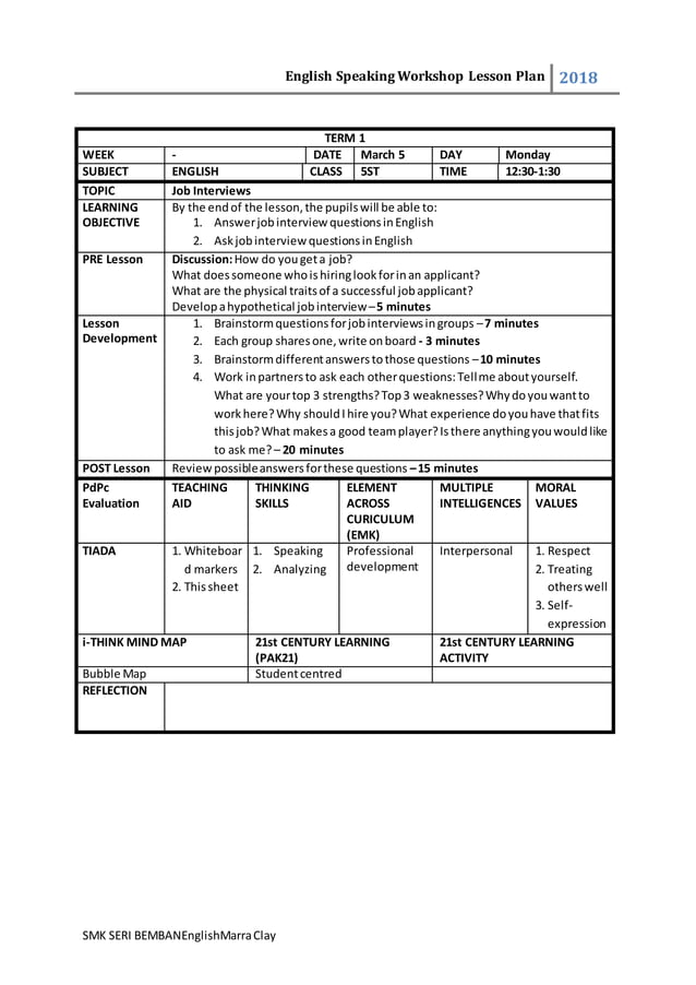 LESSON PLAN FORM 5 'job interviews' | PDF | Free Download