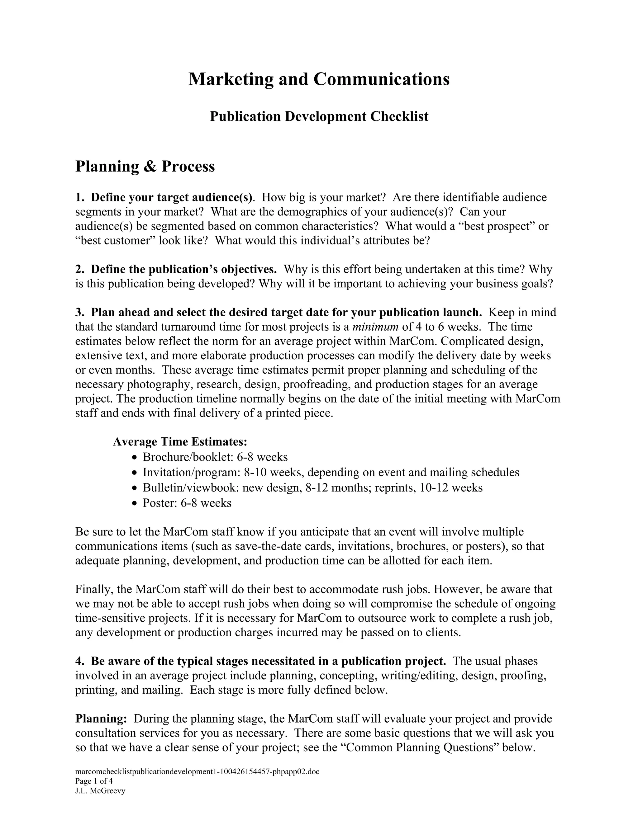 MarCom Checklist--Publication Development | DOC