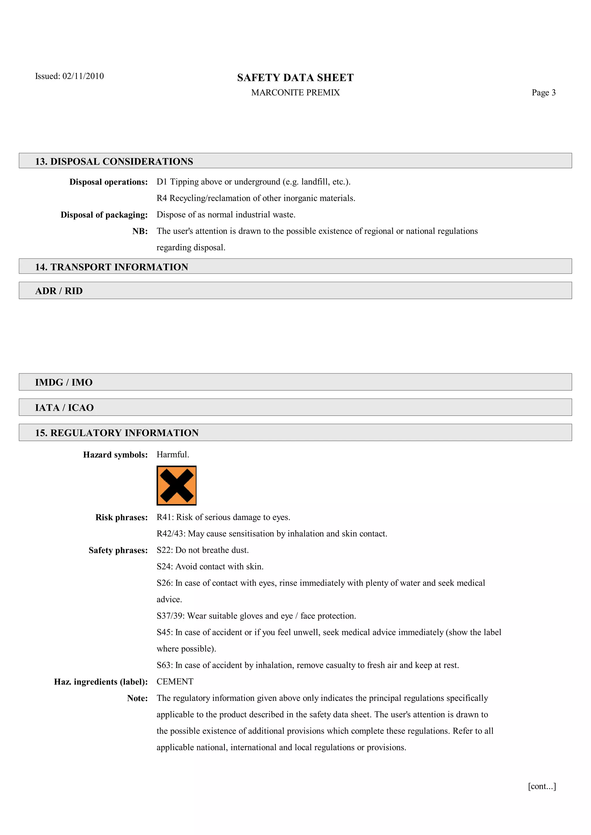 Marconite Aggregate - Premix Safety Data Sheet | PDF