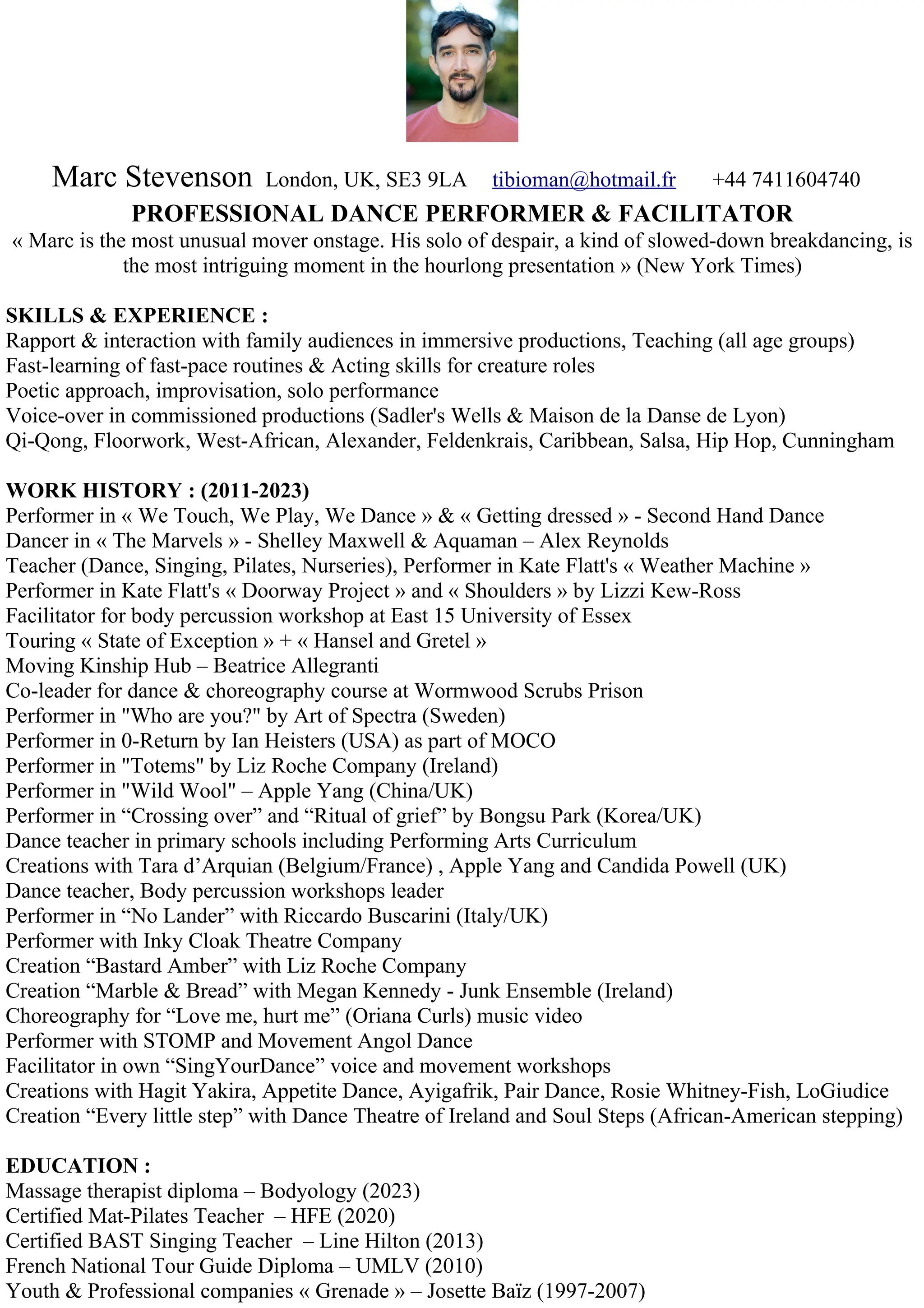 CV for dance artist and performer Marc Stevenson | PDF
