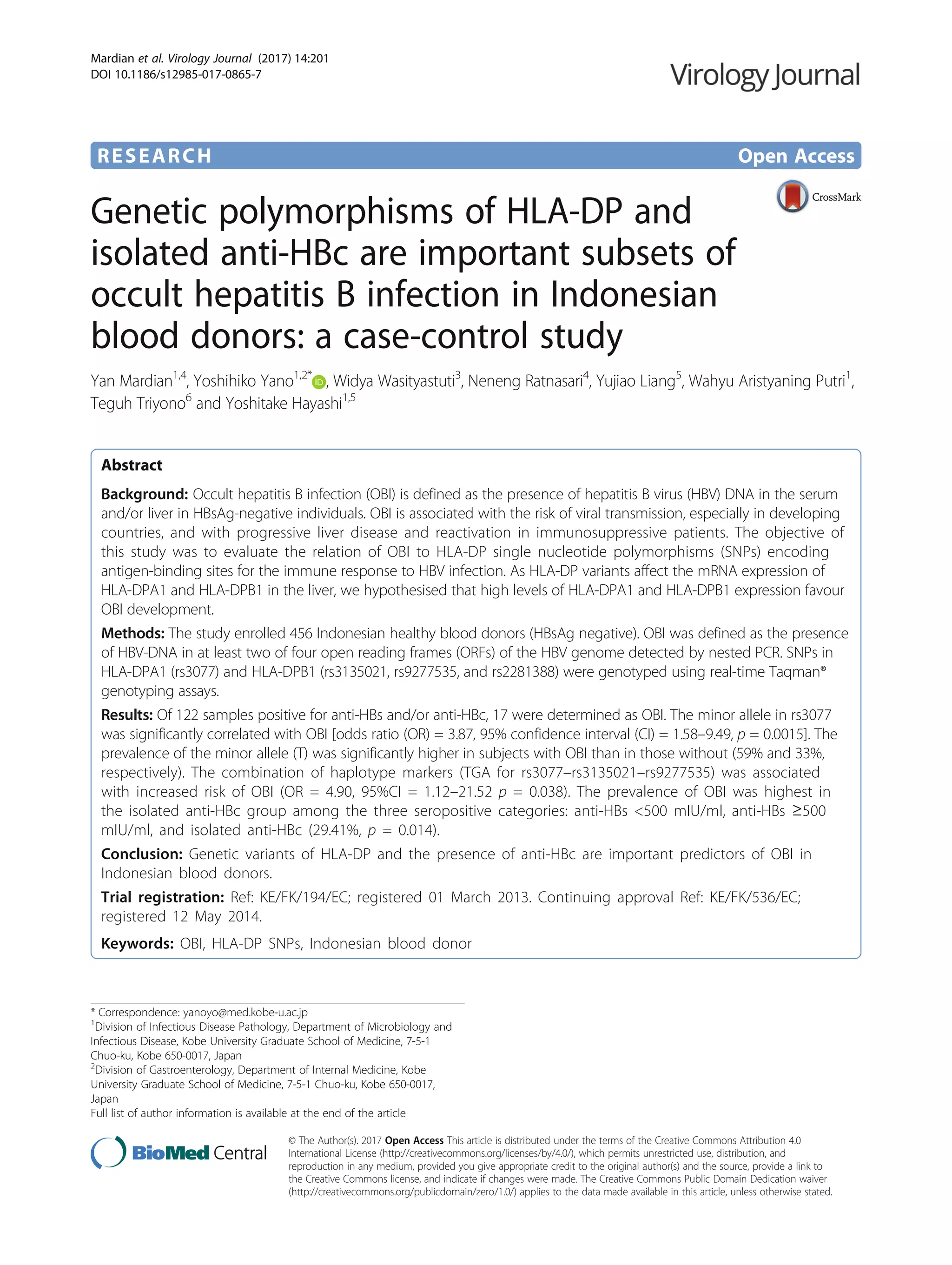 Genetic polymorphisms of HLA-DP and isolated anti-HBc are important subsets of occult hepatitis ...