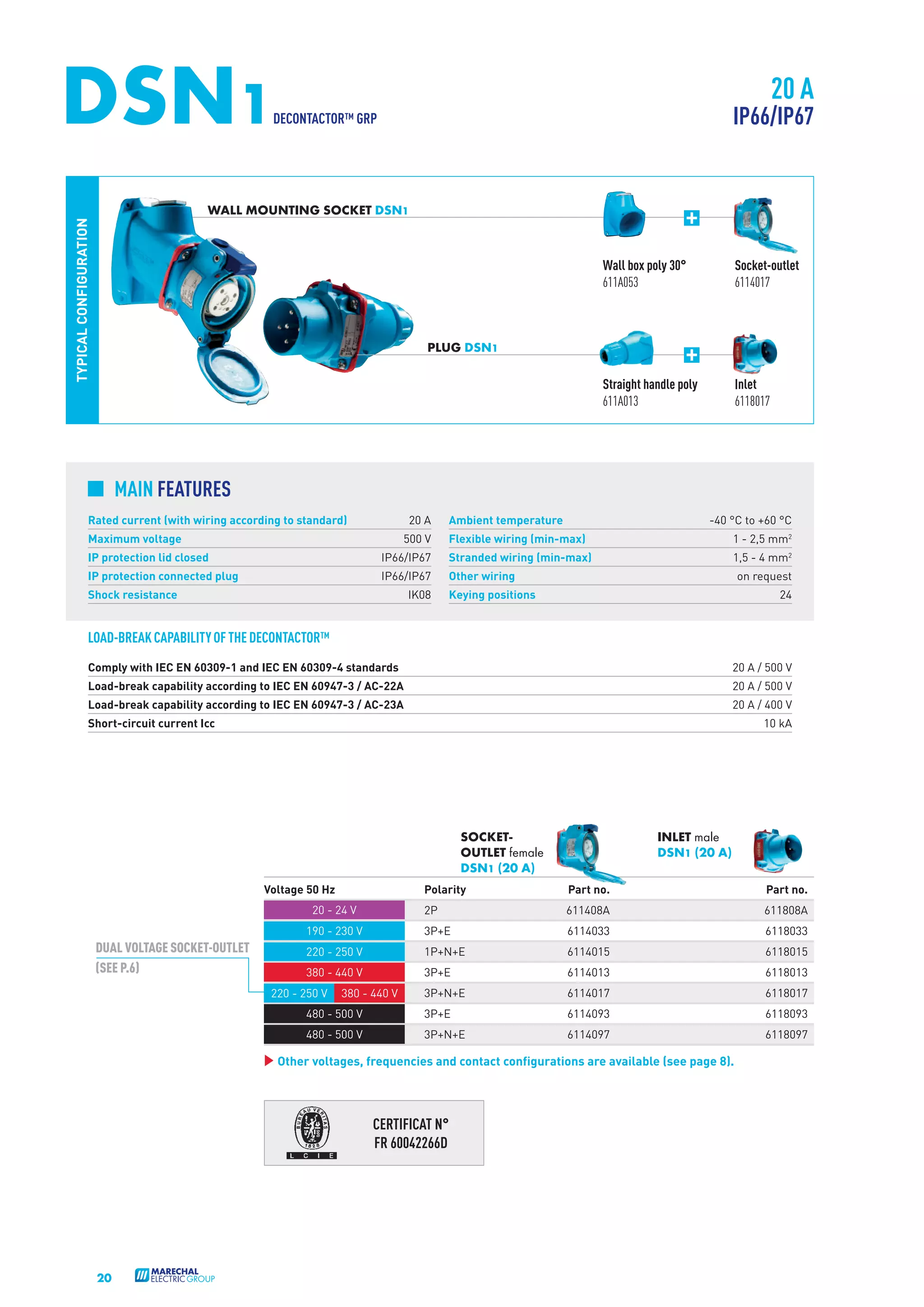 Marechal DSN1 Plugs, Sockets (Decontactors) 20Amps - Marechal DSN1 ...