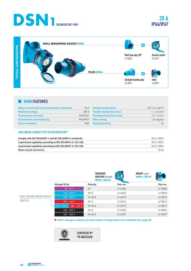 Marechal DSN1 Plugs, Sockets (Decontactors) 20Amps - Marechal DSN1 ...