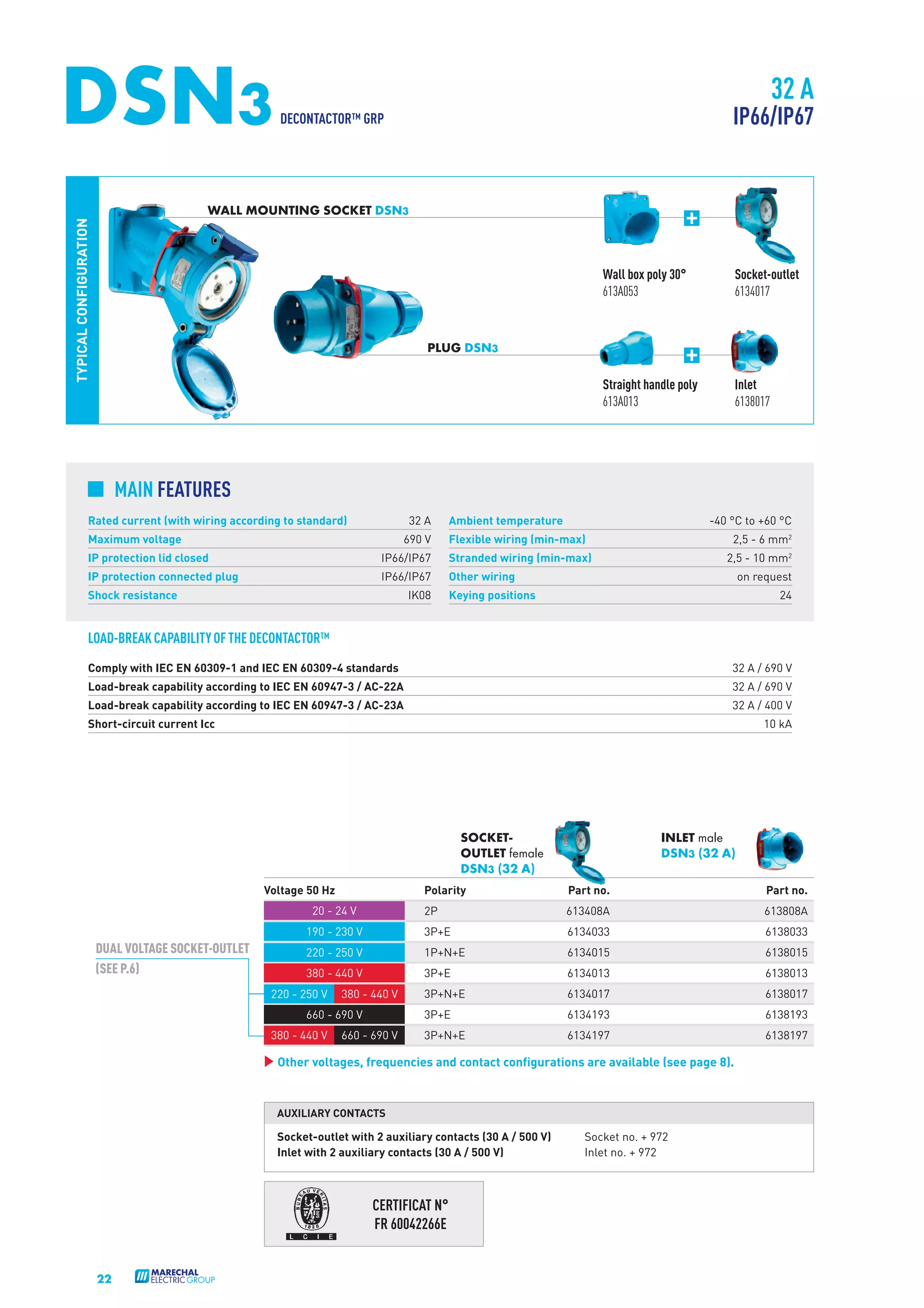 Marechal DSN3 Plugs, Sockets (Decontactors) 32Amps - Marechal DSN3 ...
