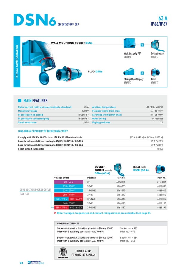 Marechal DSN6 Plugs, Sockets (Decontactors) 63Amps - Marechal DSN6 ...