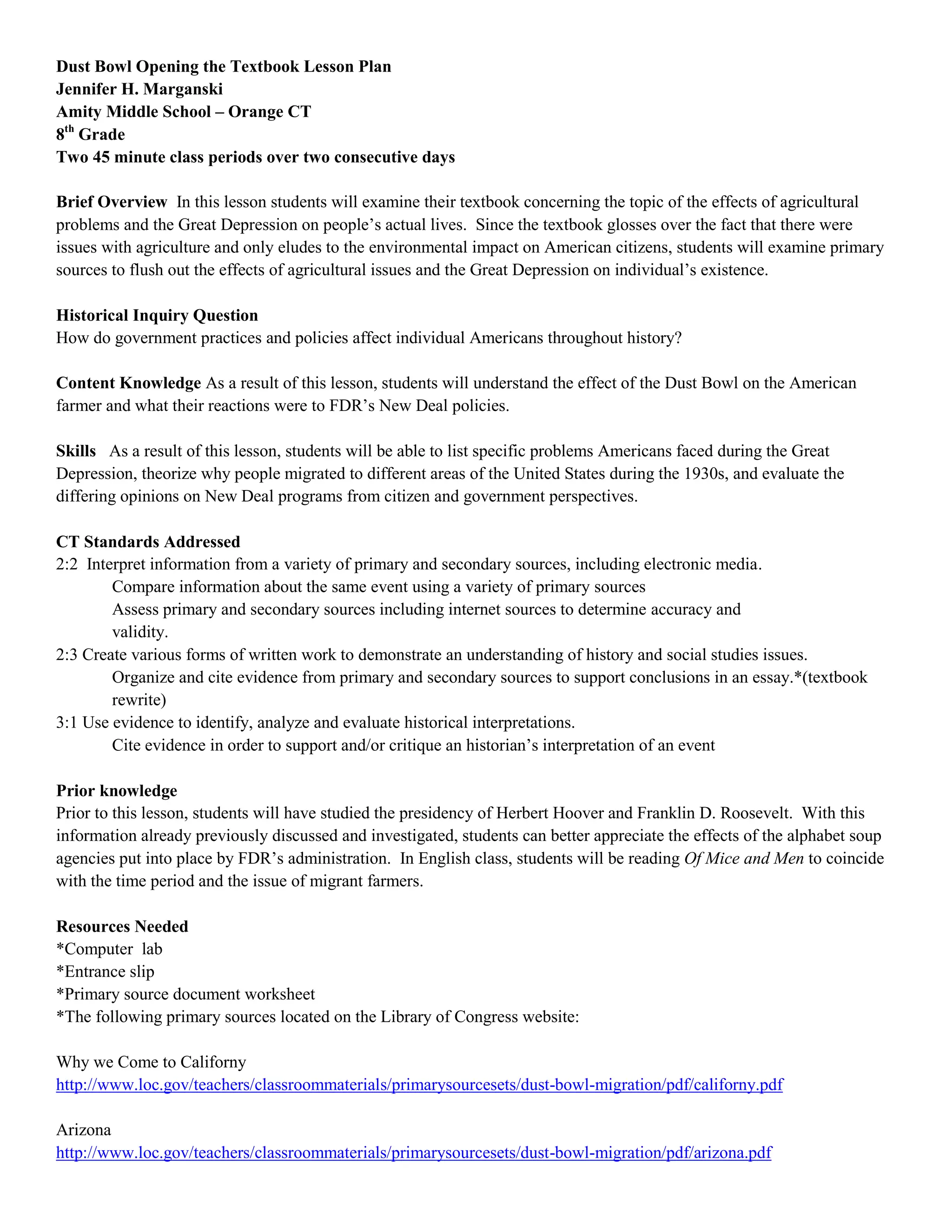 Marganski dust bowl opening the textbook lesson plan | DOCX