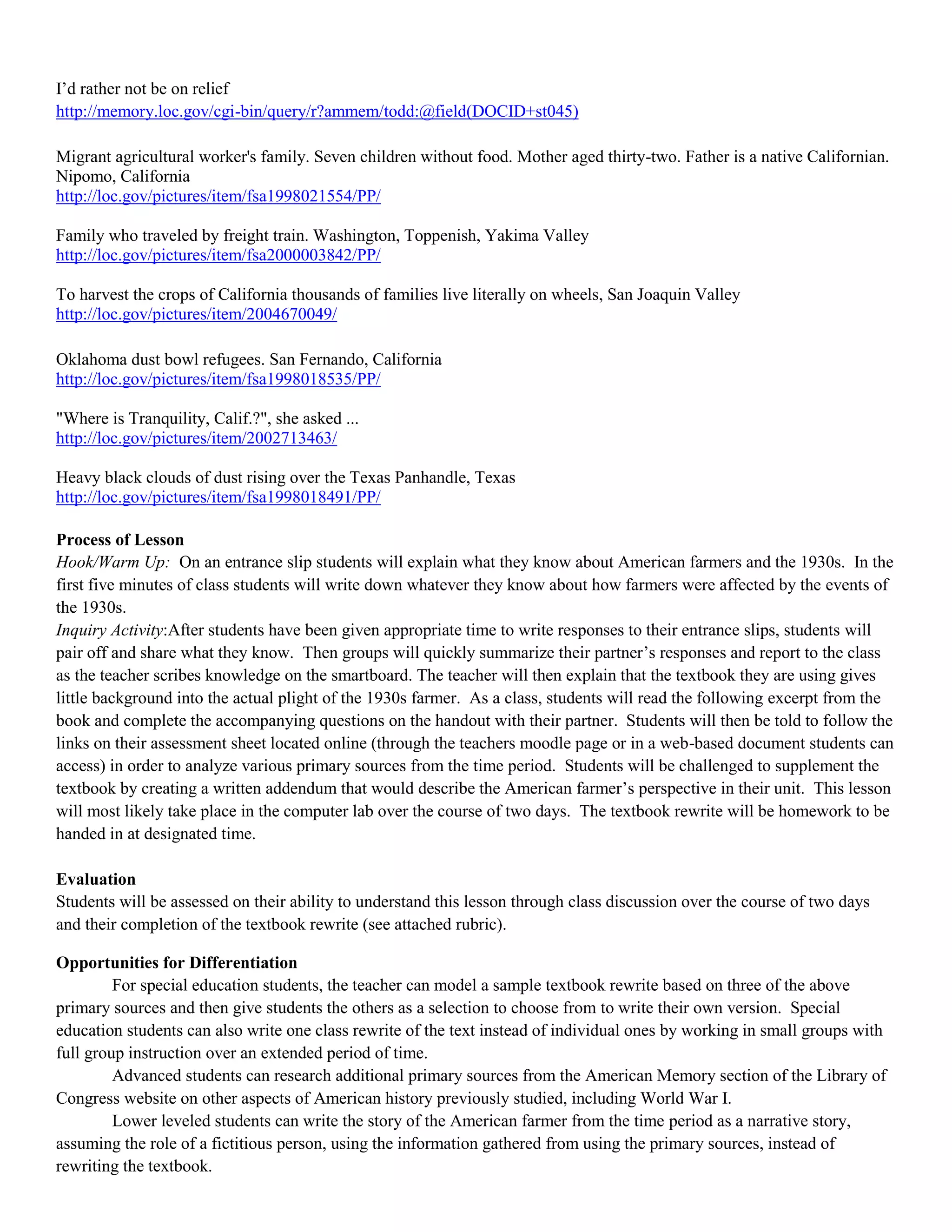 Marganski dust bowl opening the textbook lesson plan | DOCX