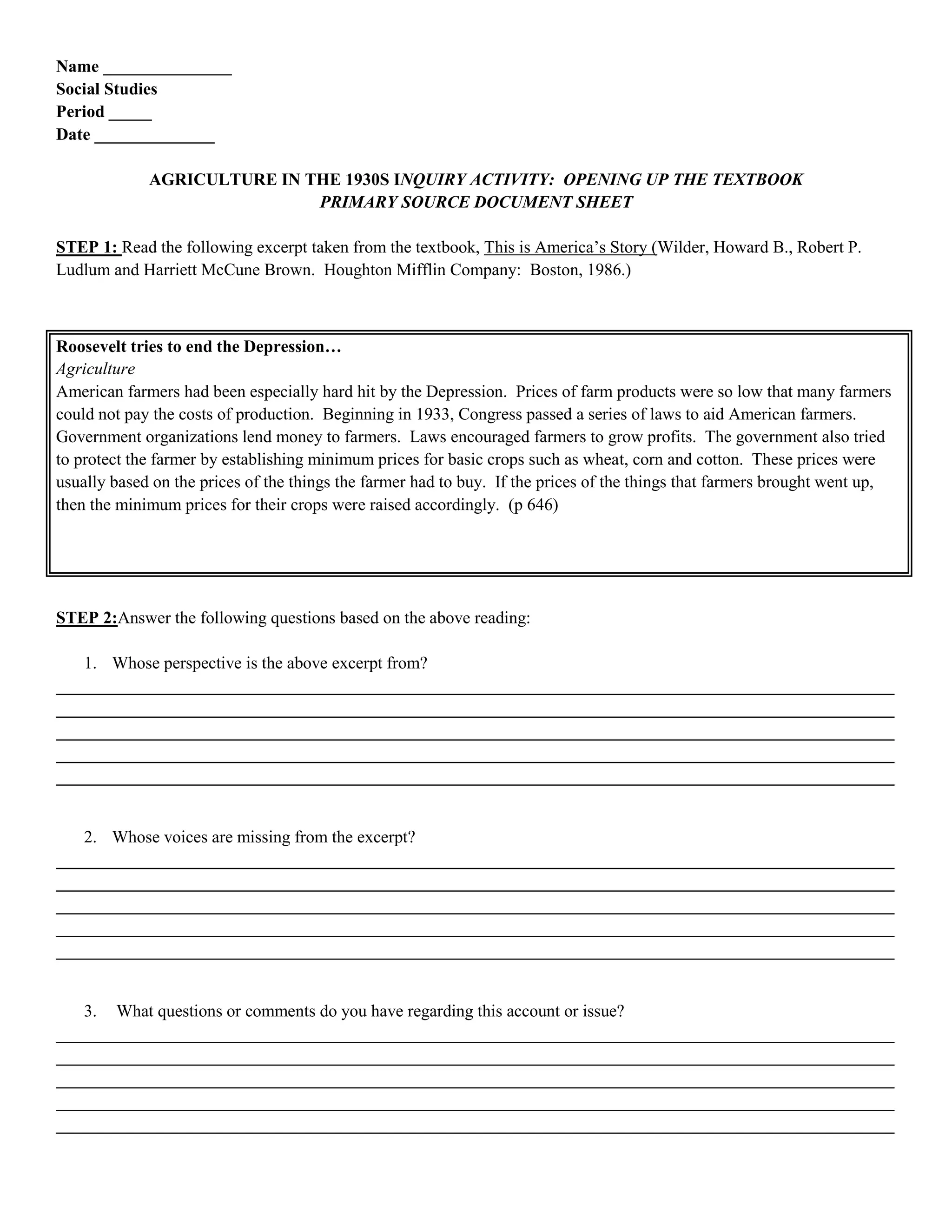 Marganski dust bowl opening the textbook lesson plan | DOCX