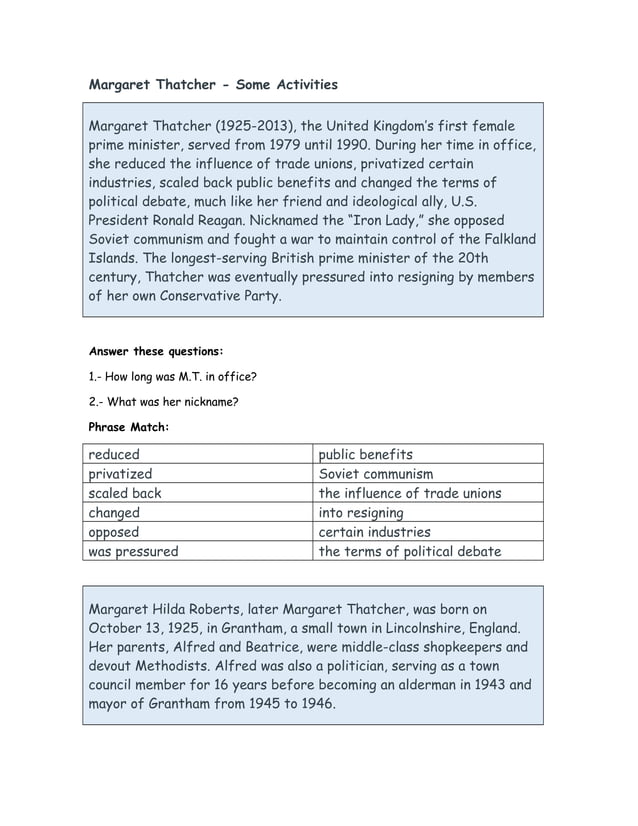 Margaret Thatcher Some Activities | PDF