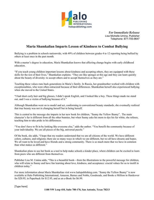 Maria Shamkalian Imparts Lesson Of Kindness To Combat Bullying Pdf