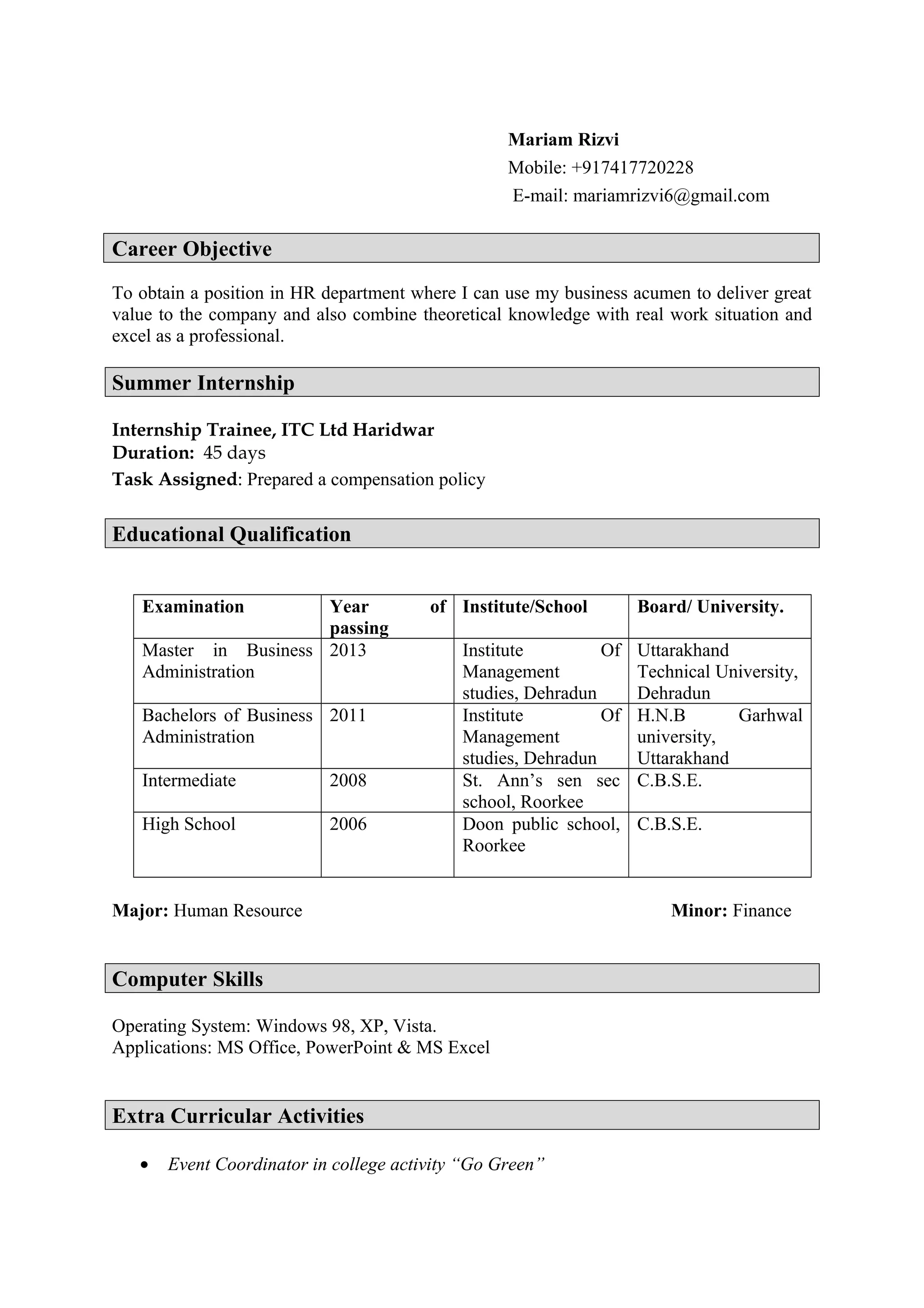 Mariam's resume | DOC | Business | Business and Finance