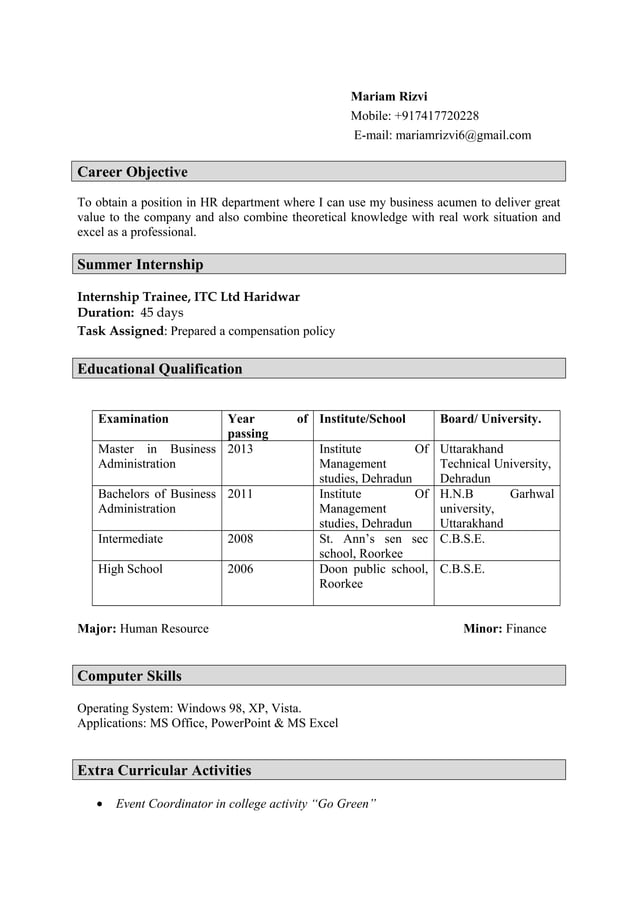 Mariam's resume | DOC | Business | Business and Finance