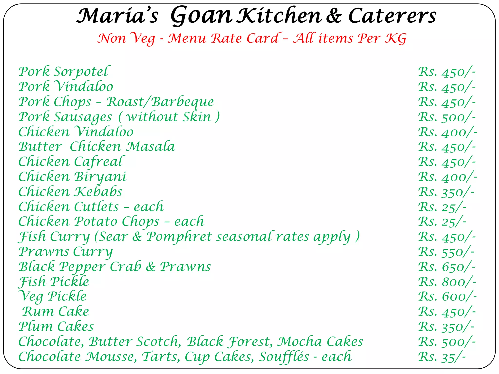 Marias Goan Kitchen Menu Card V1 | PDF