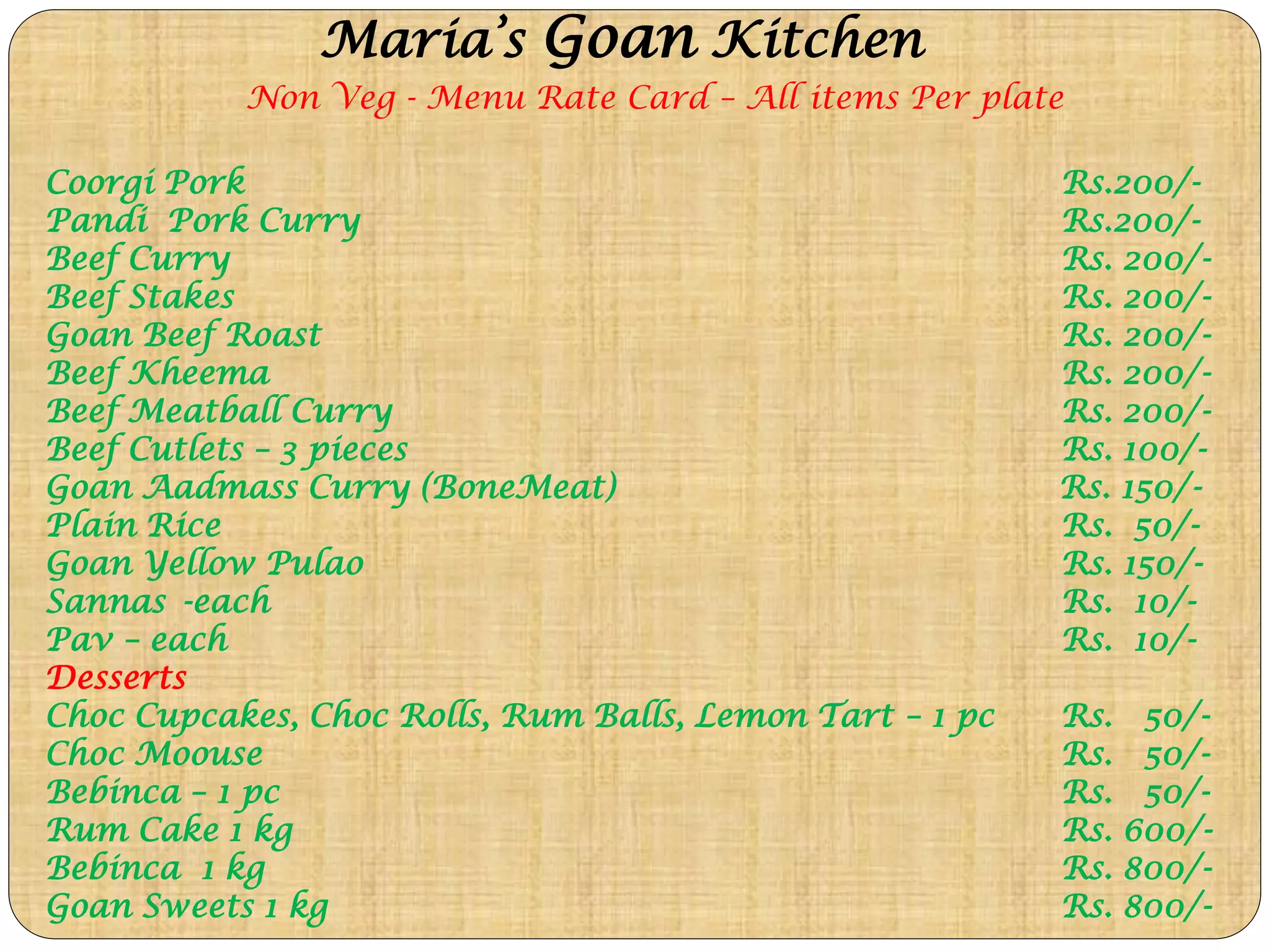 Maria's goan kitchen menu jan2015 | PDF | Cooking | Food & Drink