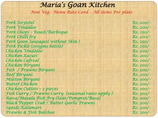 Maria's goan kitchen menu jan2015 | PDF | Cooking | Food & Drink