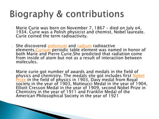 Marie curie – discoverer of radioactive elements | PPTX | Chemistry ...