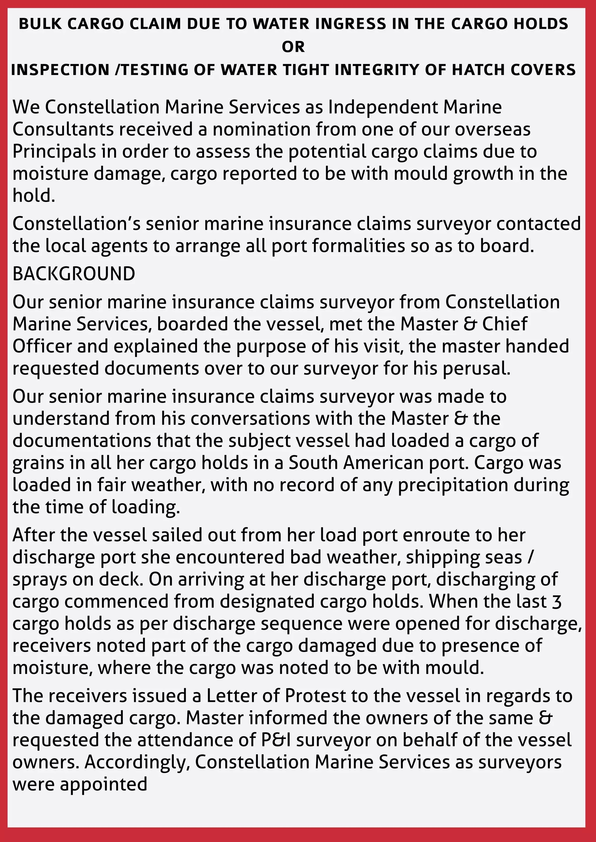 Marine insurance claims - bulk cargo claims due to water ingress in the ...