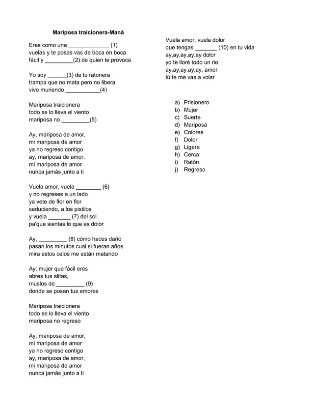 Letra De Mariposa Traicionera Maná Para Actividad De Español Pdf