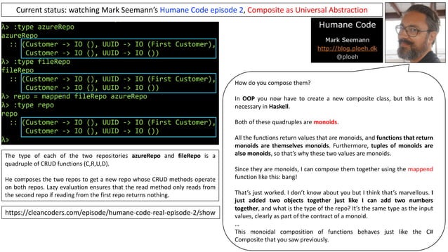 Mark Seemann smashing together two repos using monoidal mappend | PPT