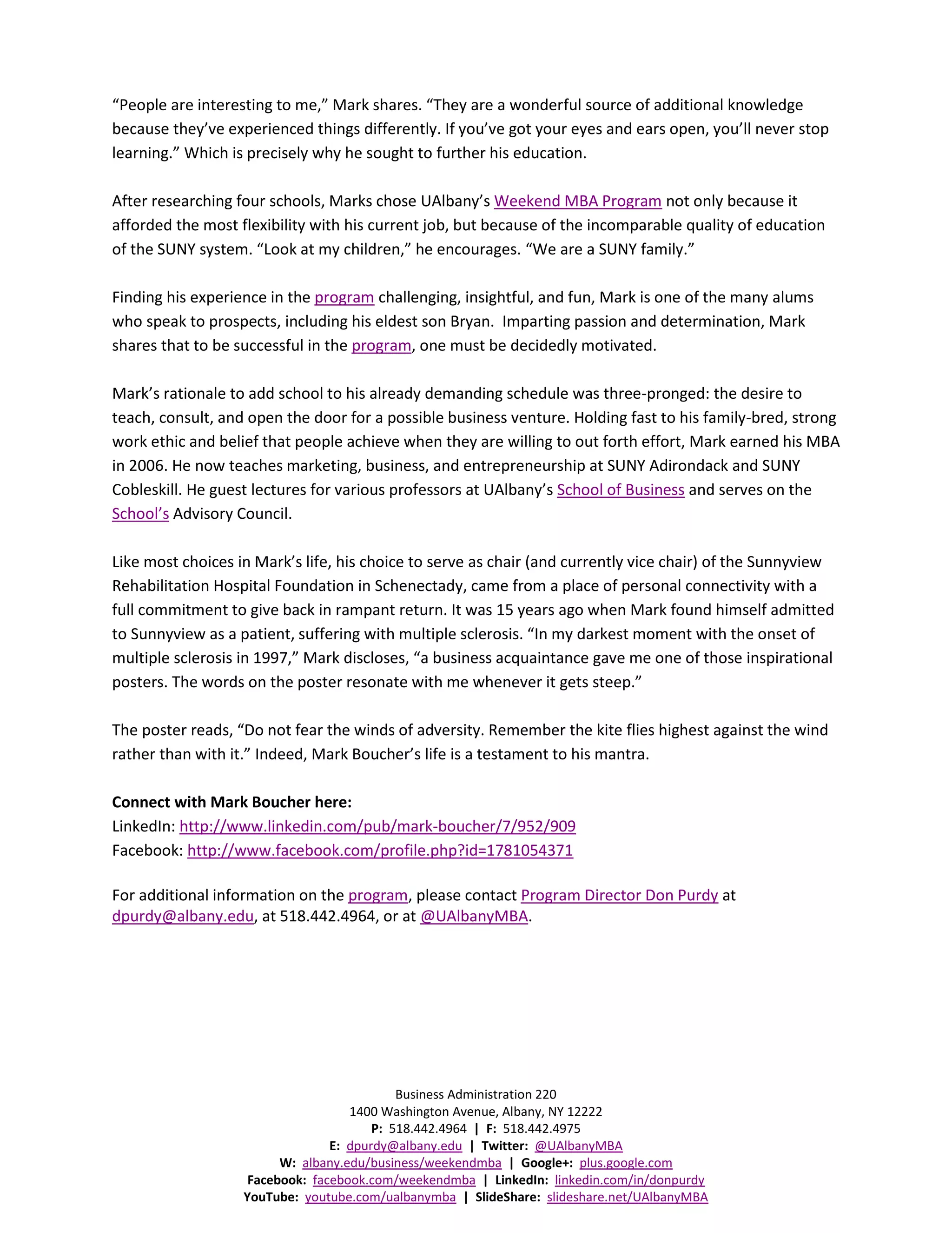 UAlbany Weekend MBA Stories-Mark Boucher | PDF