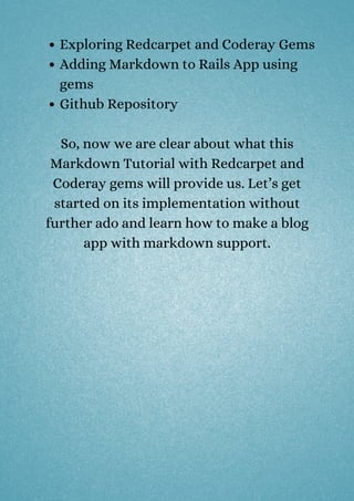 Markdown tutorial how to add markdown to rails app using redcarpet and coderay gems | PDF